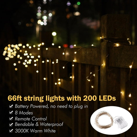 DELight 66ft 200 LEDs String Light Battery Operated Starry Fair Lights ...