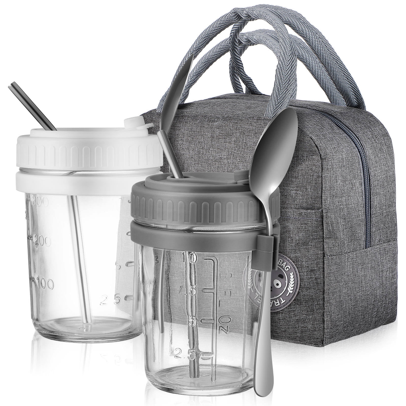 DEMACRIO Jars With Spoon Straw Portable Bento Bag For Yogurt Oatmeal ...