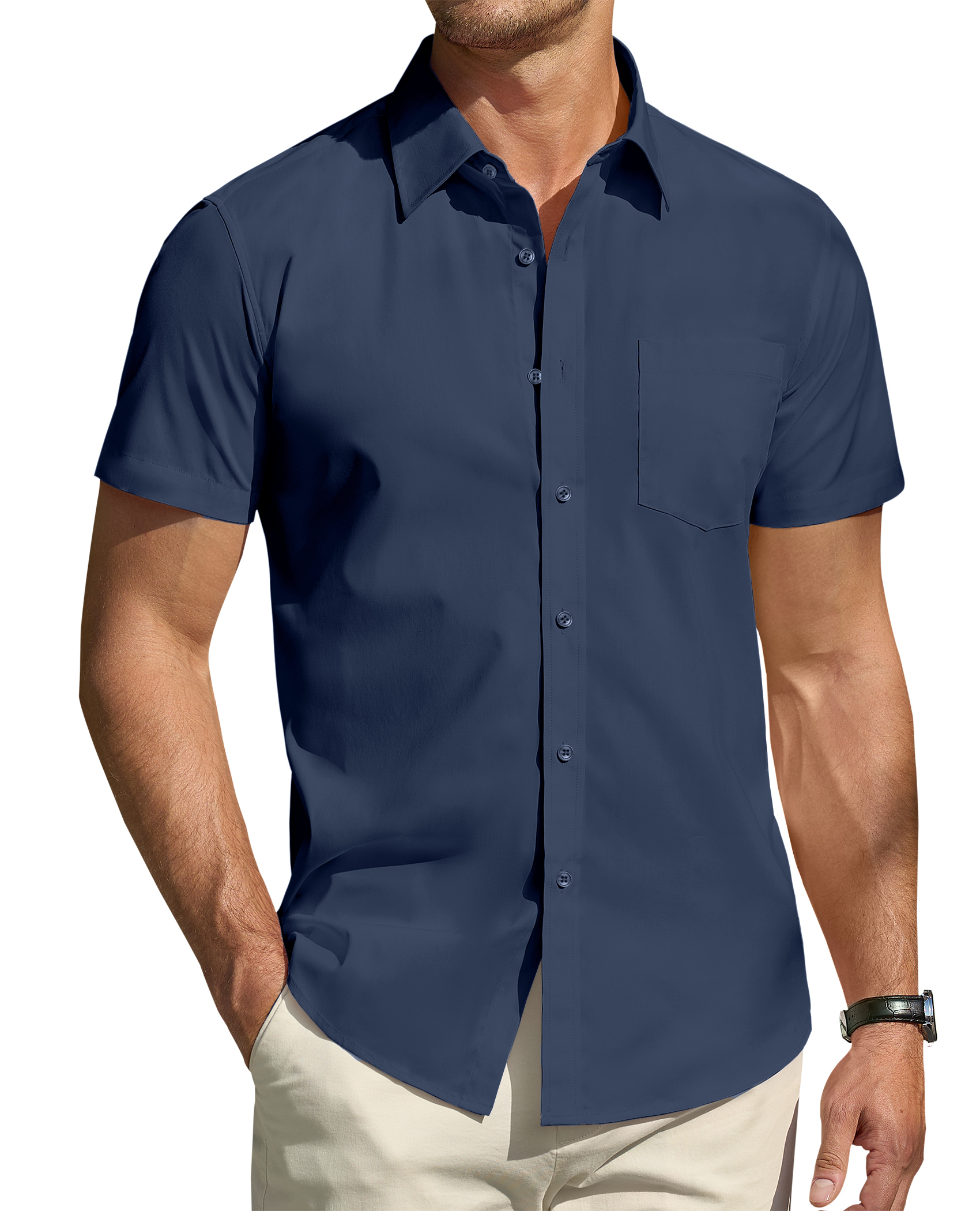 Men's Casual Short Sleeve Button Down Striped Shirt Regular Fit Beach ...