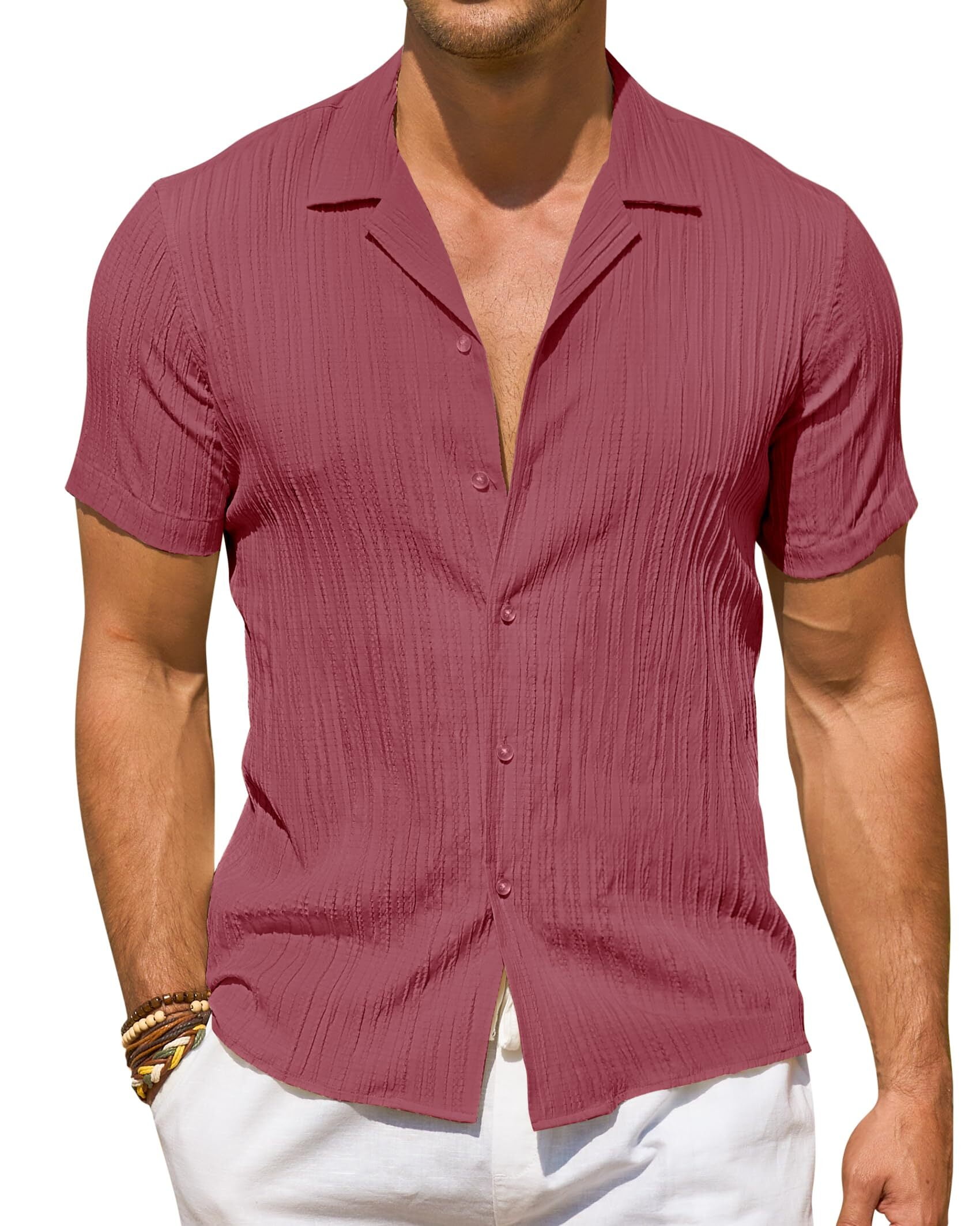 DEMEANOR Men's Short Sleeve Textured Linen Shirts Hawaiian Button Down ...