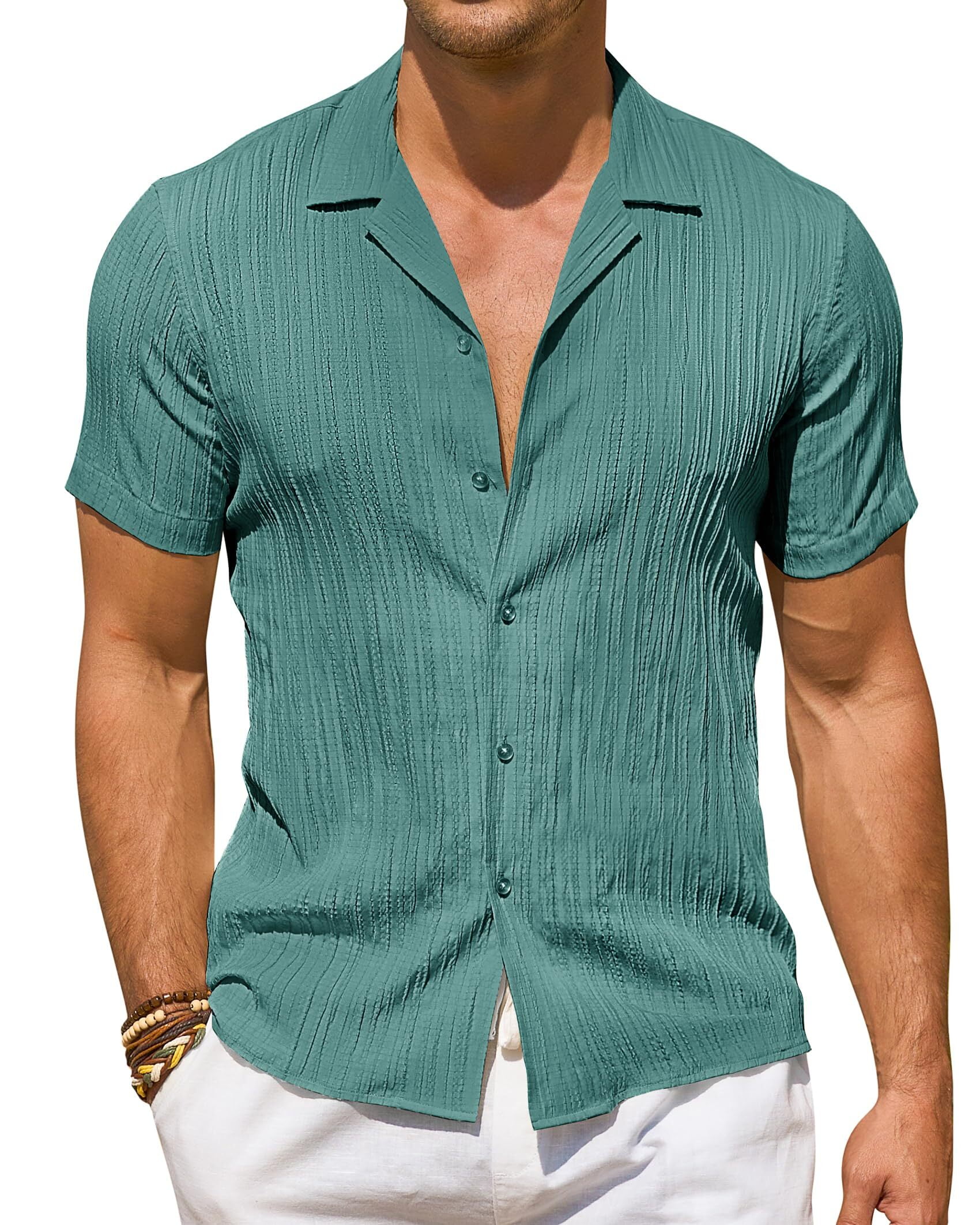 DEMEANOR Men's Short Sleeve Textured Linen Shirts Hawaiian Button Down ...