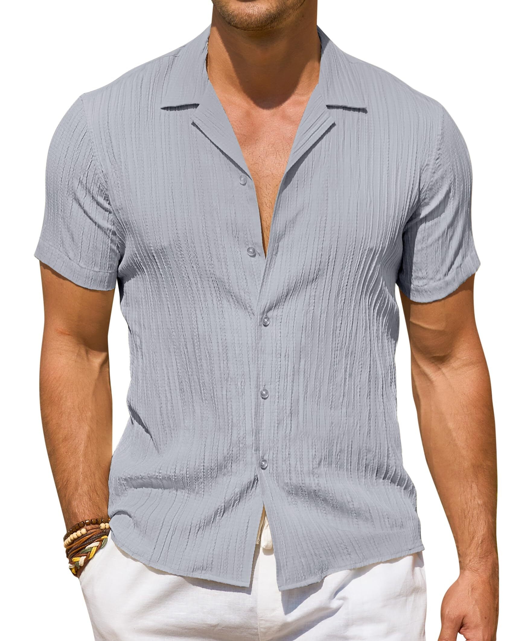 DEMEANOR Men's Short Sleeve Textured Linen Shirts Hawaiian Button Down ...