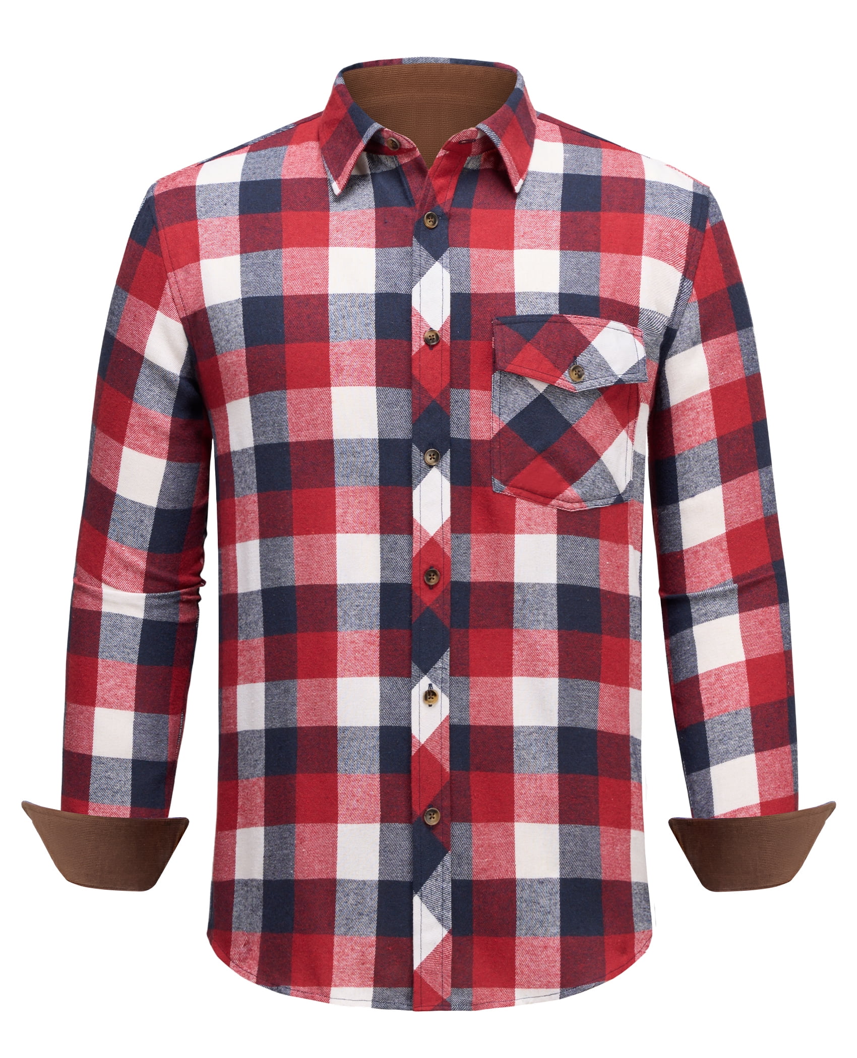 DEMEANOR Mens Flannel Plaid Shirts Corduroy Collar Long Sleeve Button ...