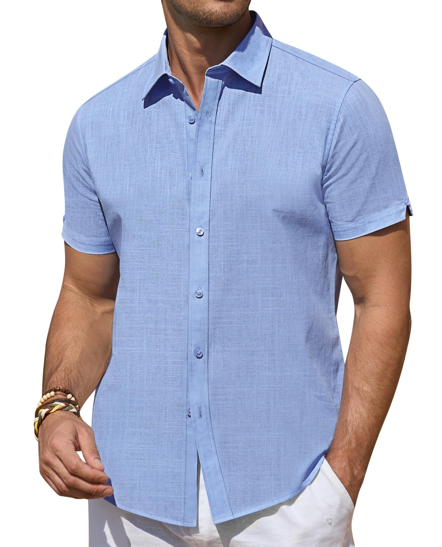 DEMEANOR Short Sleeve Linen Shirts for Men Casual Button Down Hawaiian ...