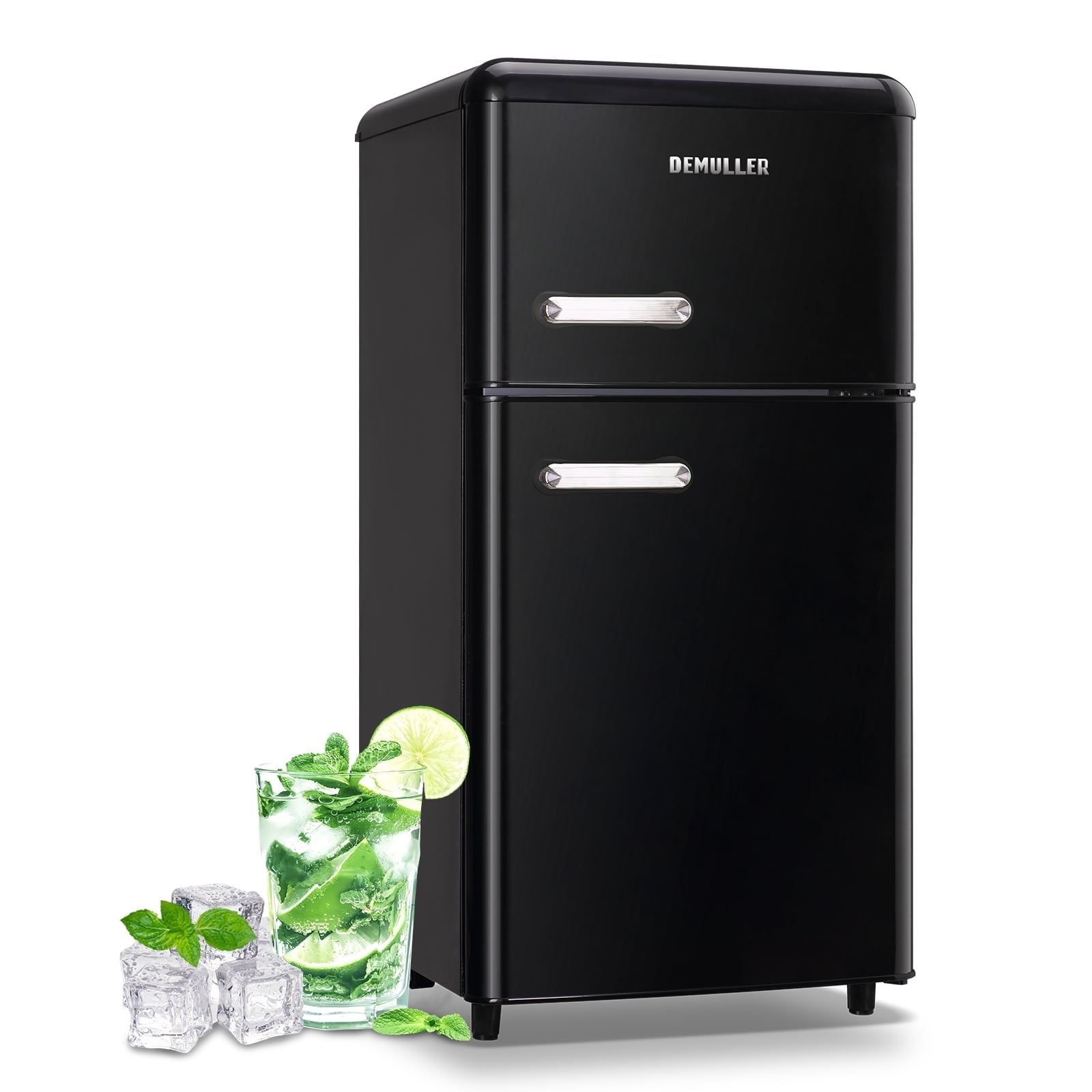 NEW DEMULLER Mini Fridge with Freezer APPLIANCES Compact Retro Refrigerator Dual Door Black-YX ...