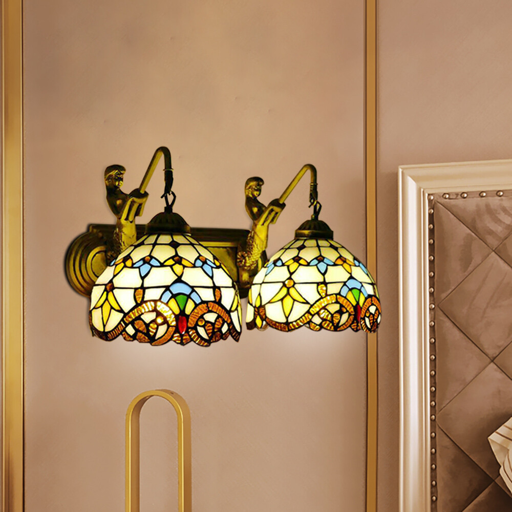 DENEST 2 Light Tiffany Mermaid Vanity Fixture Wall Light Stained Glass ...