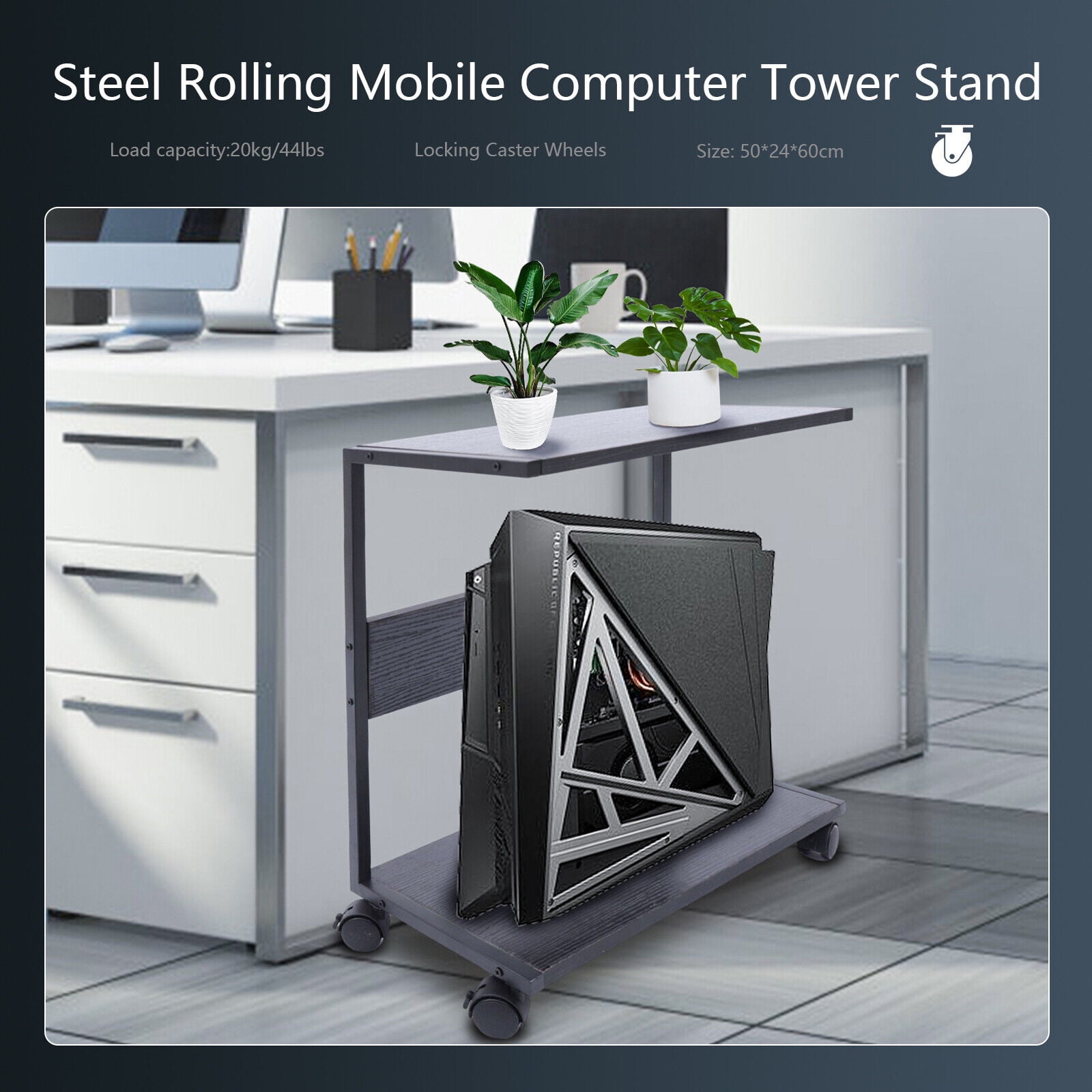 DENEST 2-Tier Black Iron Frame CPU Stand Computer Tower with Lockable ...