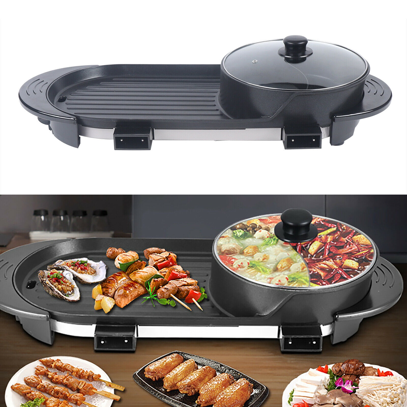 DENEST Combo Indoor 2 in 1 Portable BBQ Grill Hot Pot, Electric Non ...