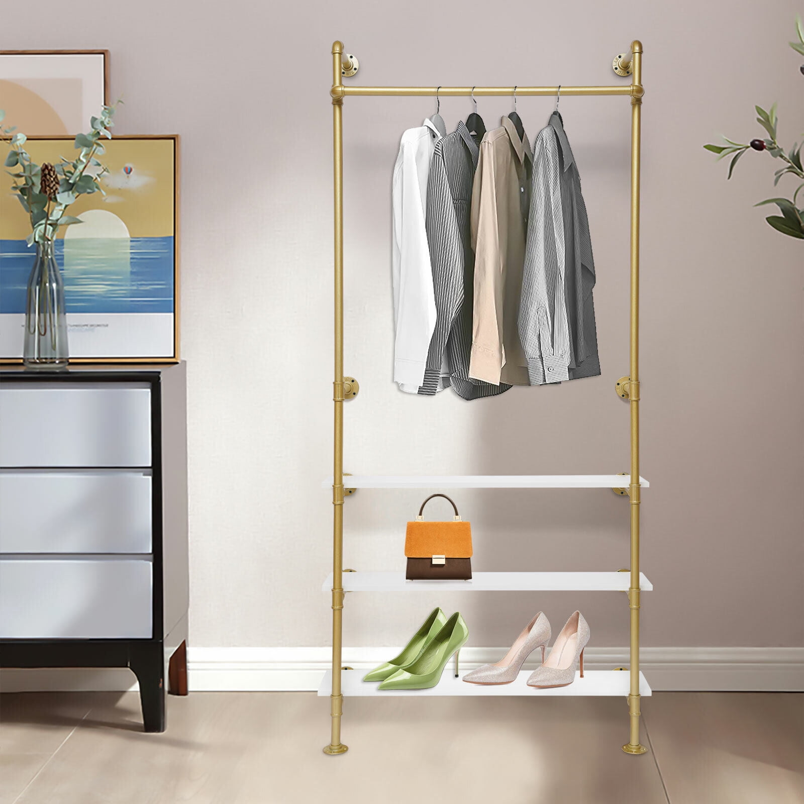 DENEST 3-Tier Clothes Display Stand Gold Clothes Hanging Wardrobe Iron ...