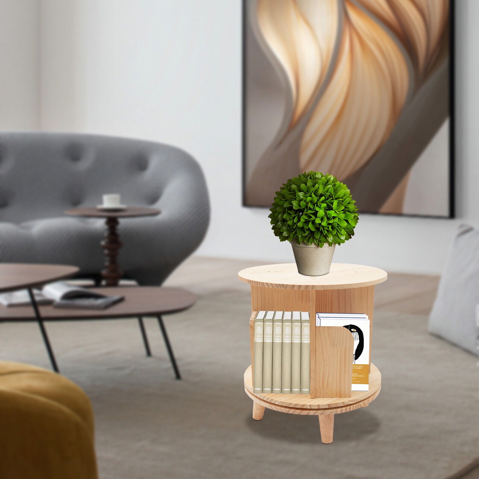 DENEST 360 Rotating Bookshelf Wooden Bookcase Flower Plant Storage ...