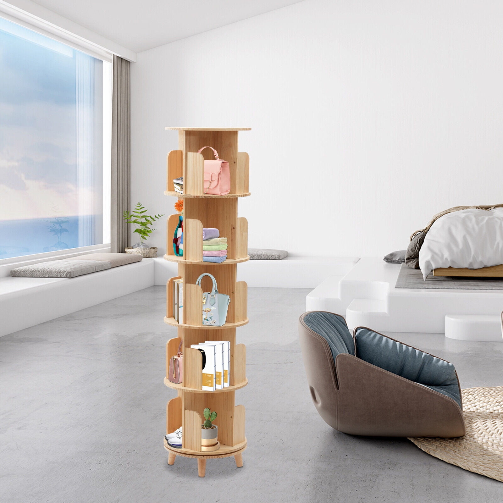 DENEST 5-Tier Unique Revolving Bookcase Silent Floor Standing Bookcase ...