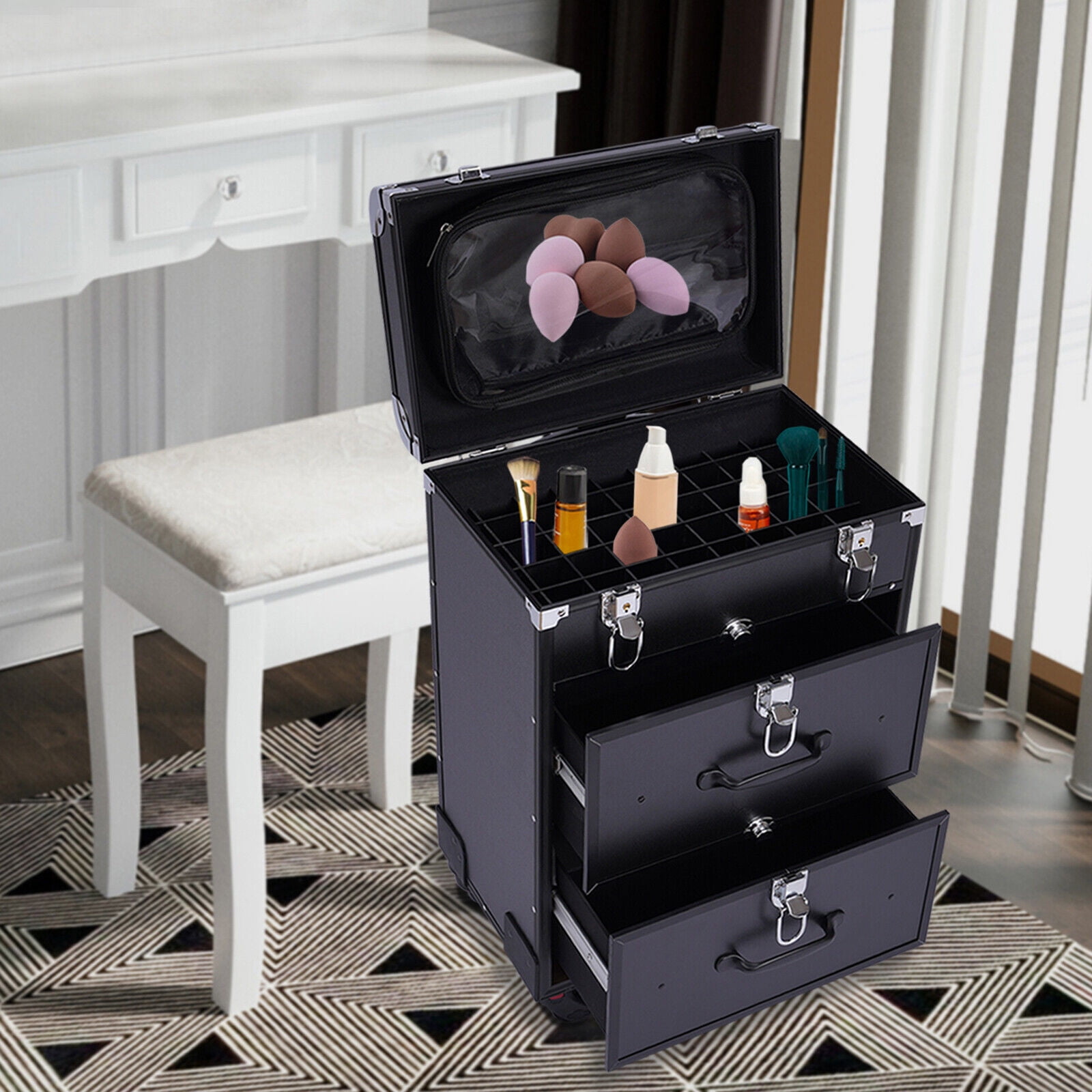 DENEST Black Rolling Aluminum Makeup Train Case Salon Cosmetic Trolley ...