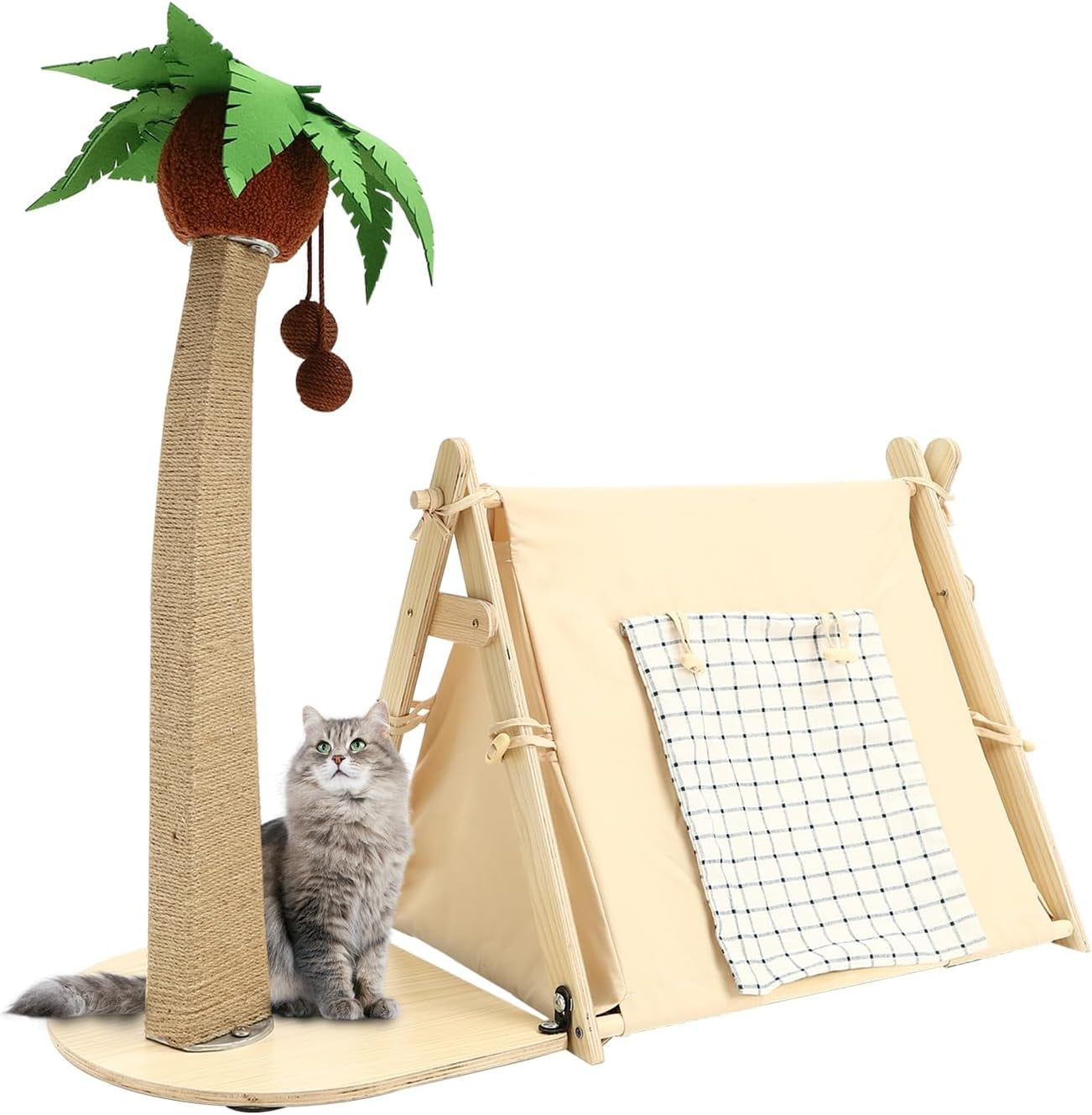 DENEST Coconut Tree Tent Cat Nest Cat Scratching Post with Hanging ...