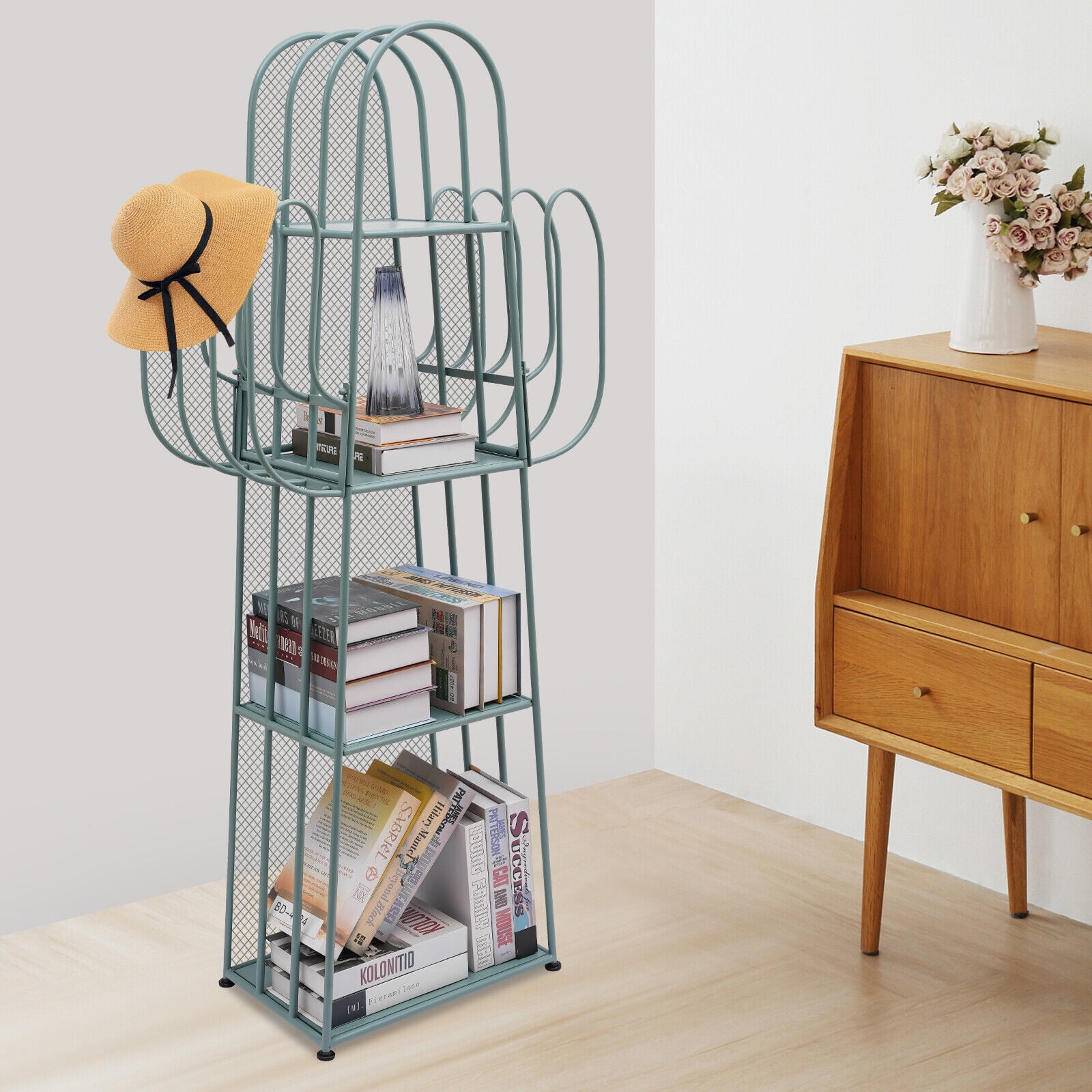 DENEST Freestanding Book Shelf 4-Tier Bookshelf Cactus Bookcase Storage ...