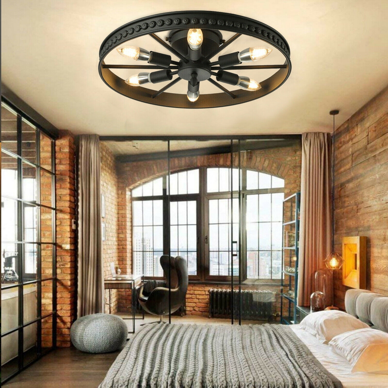 DENEST Industrial Wrought Iron Wheel Farmhouse Rustic Ceiling Lamp 6 ...