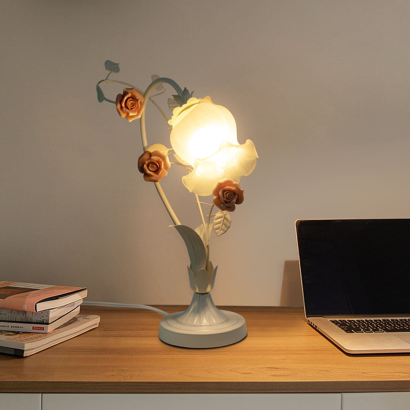 DENEST Pink Roses Flower Table Lamp Bedside Lamp Floral Glass Desk Lamp ...