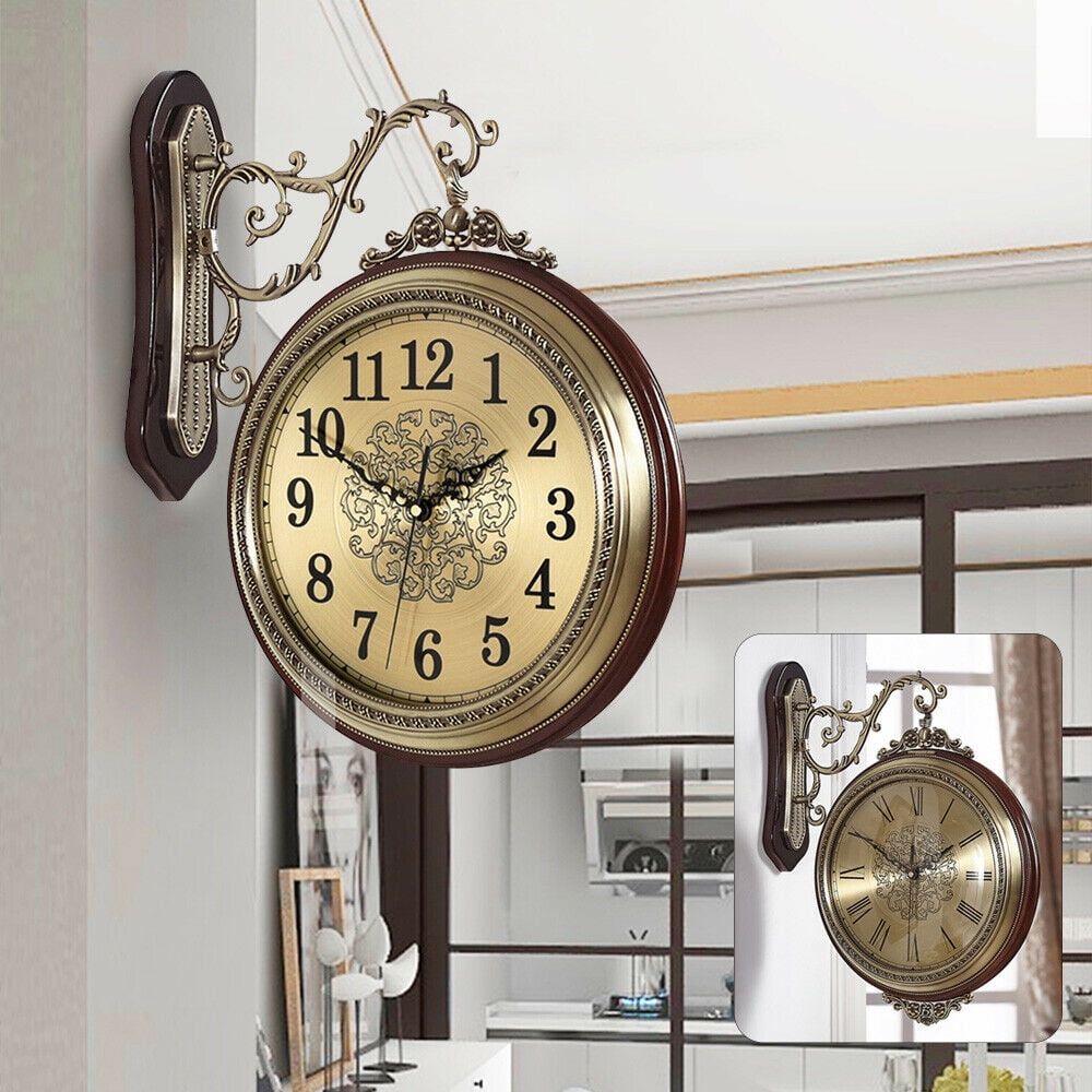 DENEST Vintage European Style Wall Clock Double Sided Clock Non-Ticking ...