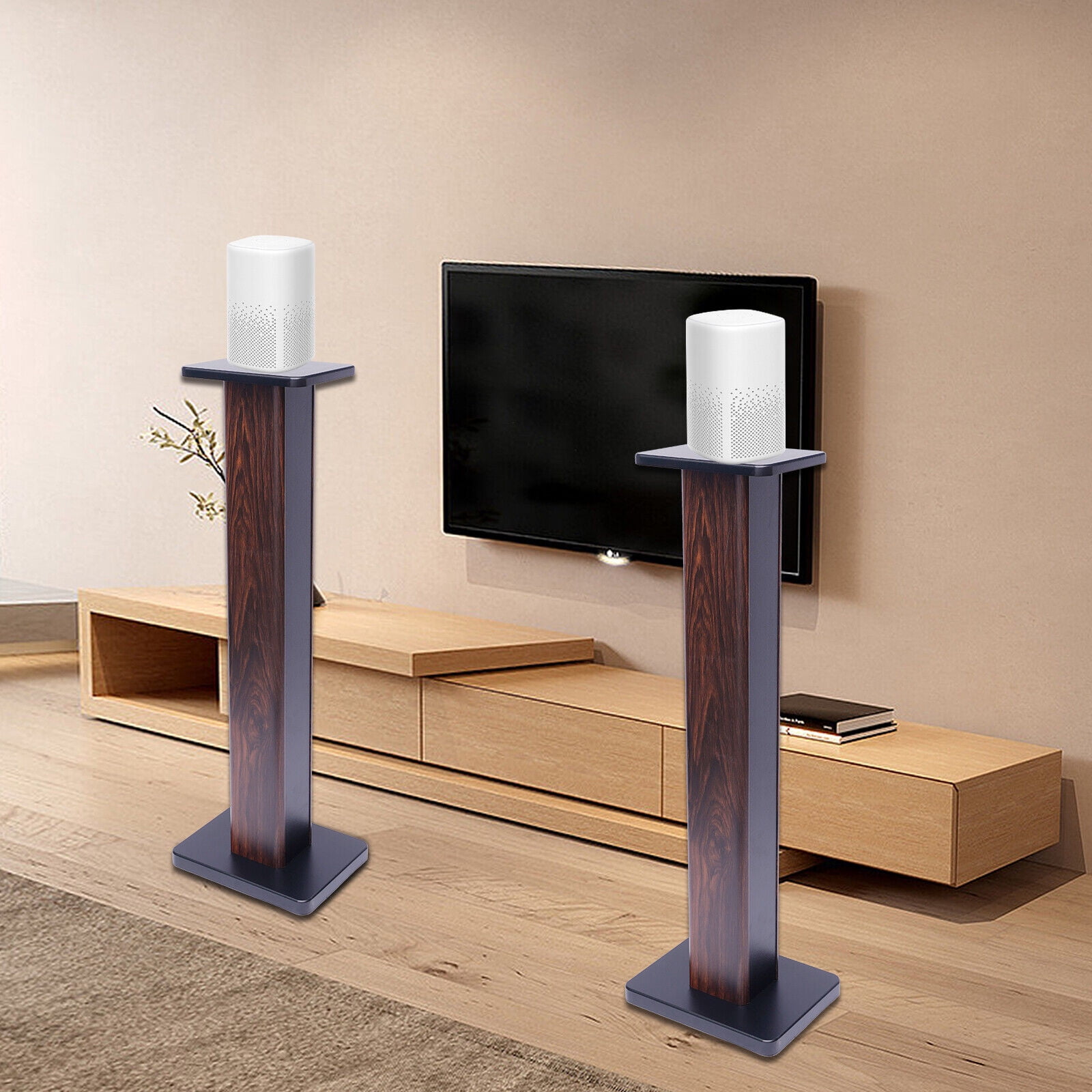 DENEST Bookshelf Floor Speaker Stands, Walnut Wood, for Surround Sound ...