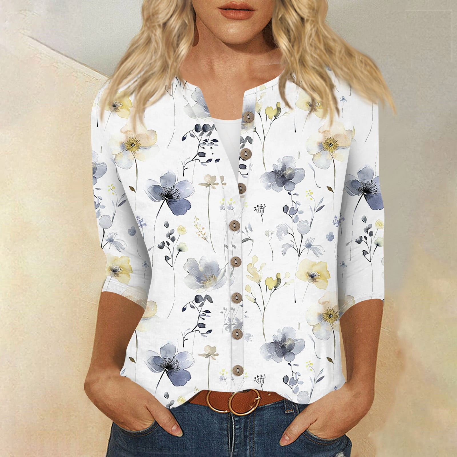 DENGDENG 3/4 Length Sleeve Plus Size Tops Casual Elbow Button Down ...