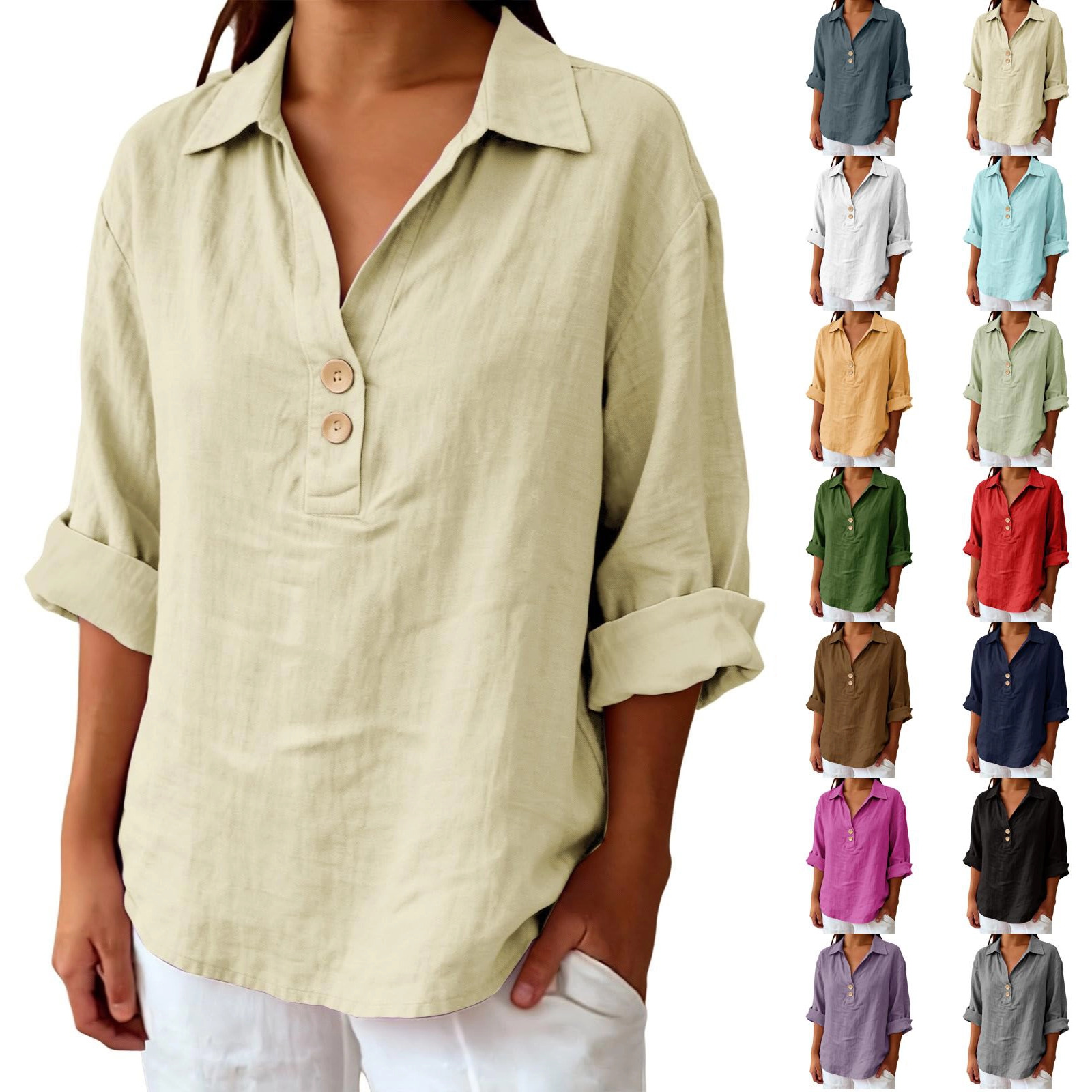 DENGDENG 3 4 Sleeve Linen Tops For Women Casual Button V Neck Collared