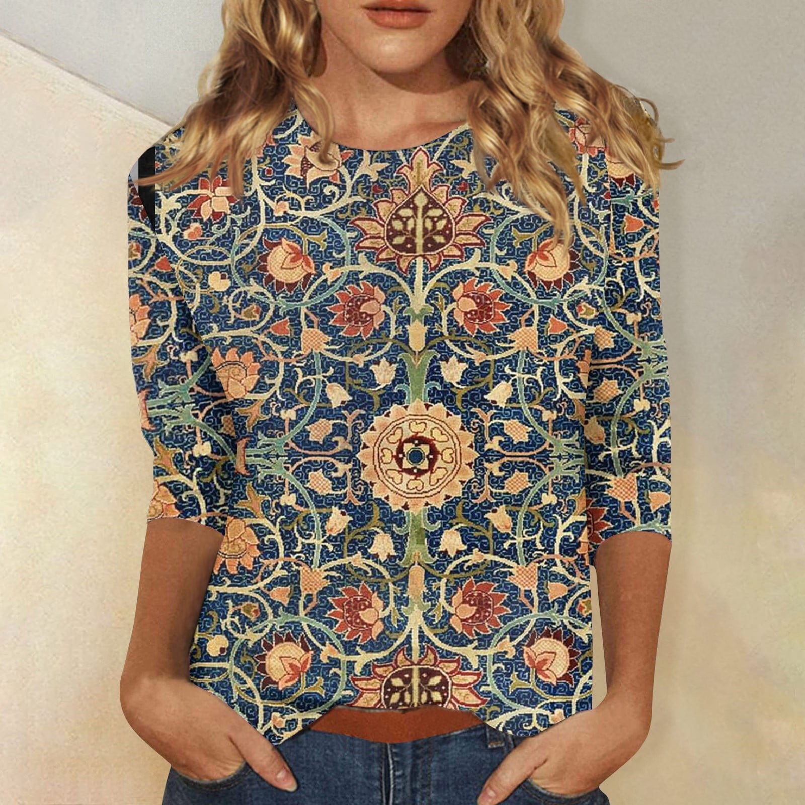 DENGDENG 3/4 Sleeve Shirts for Women Ethnic Floral Crew Neck Womens ...