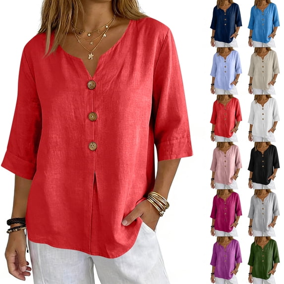 DENGDENG 3/4 Sleeve Summer Linen Shirts for Women Decorative Button V ...