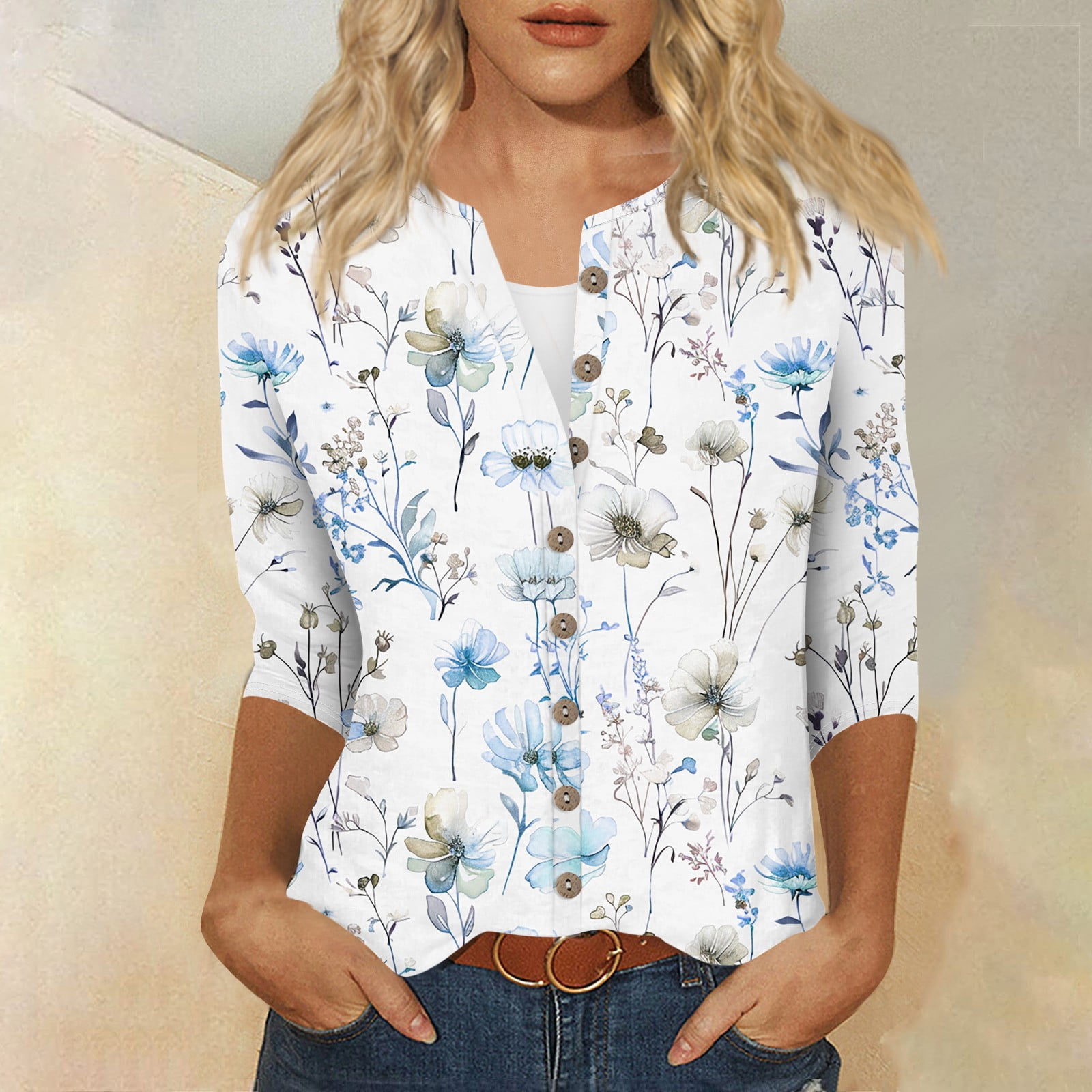 DENGDENG 3/4 Sleeve Tops Plus Size Floral Print Summer Button Down ...
