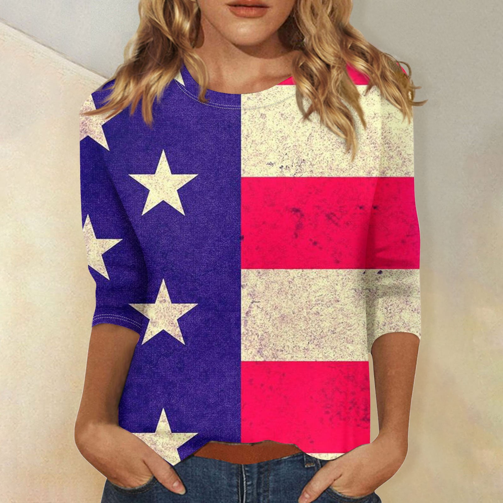 Dengdeng 4th Of July Blouses For Women Dressy Casual 3 4 Sleeve