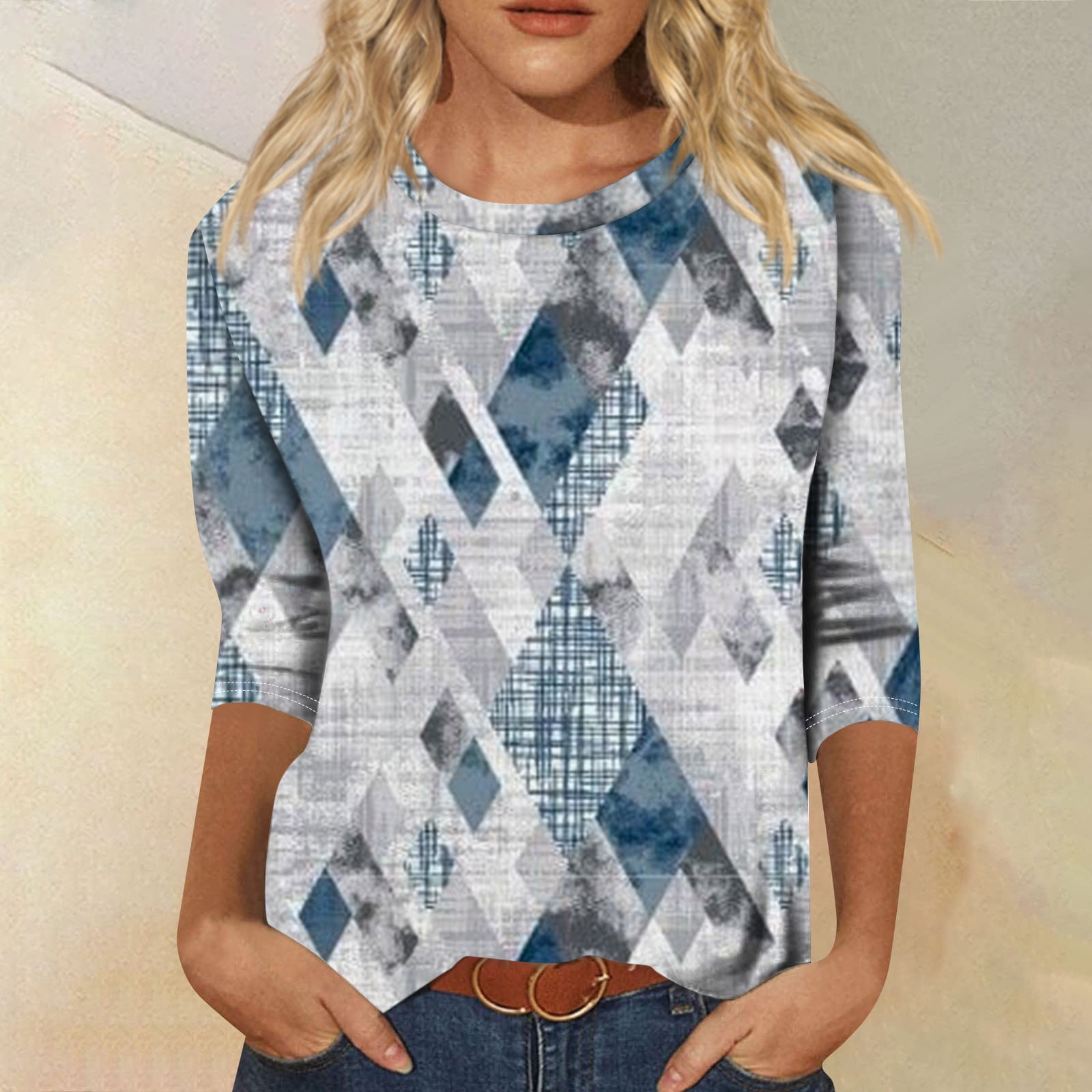 DENGDENG Blouses for Women 3/4 Sleeves Plus Size Mid-Length Crewneck ...