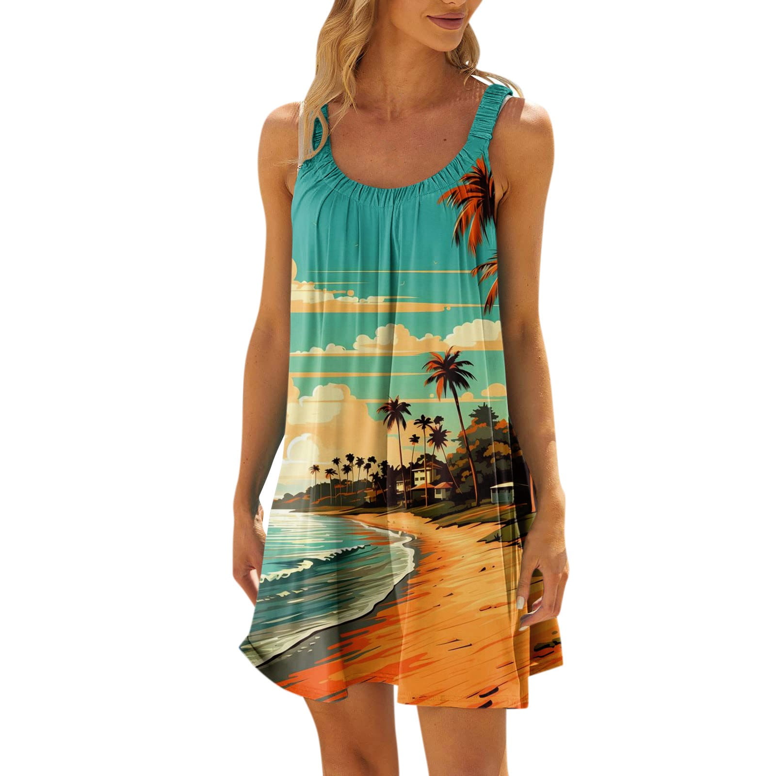Dengdeng Casual Dresses For Women Sleeveless Floral Print Boho Beach