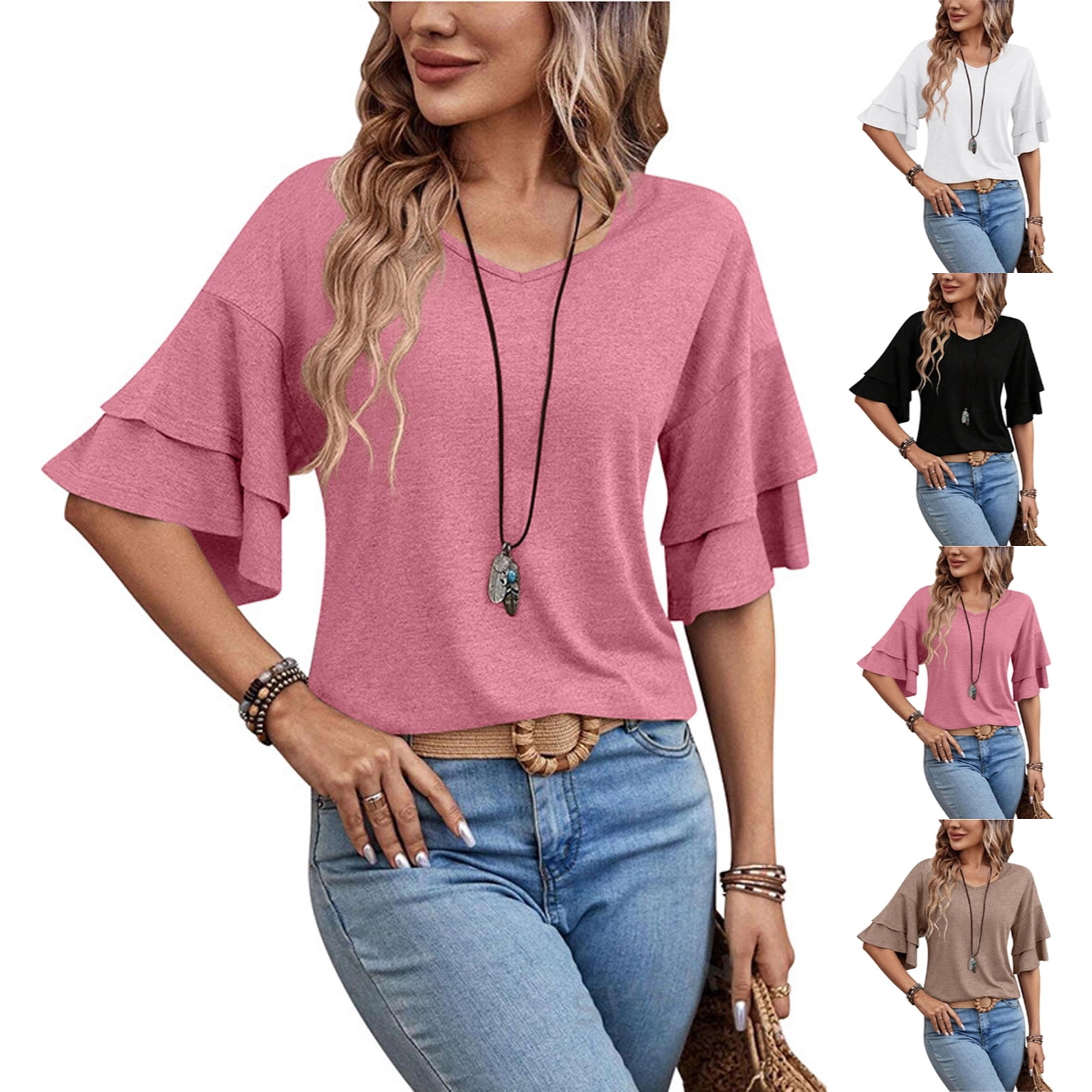 DENGDENG Double Ruffle Short Sleeve V Neck Casual Top for Women Loose ...