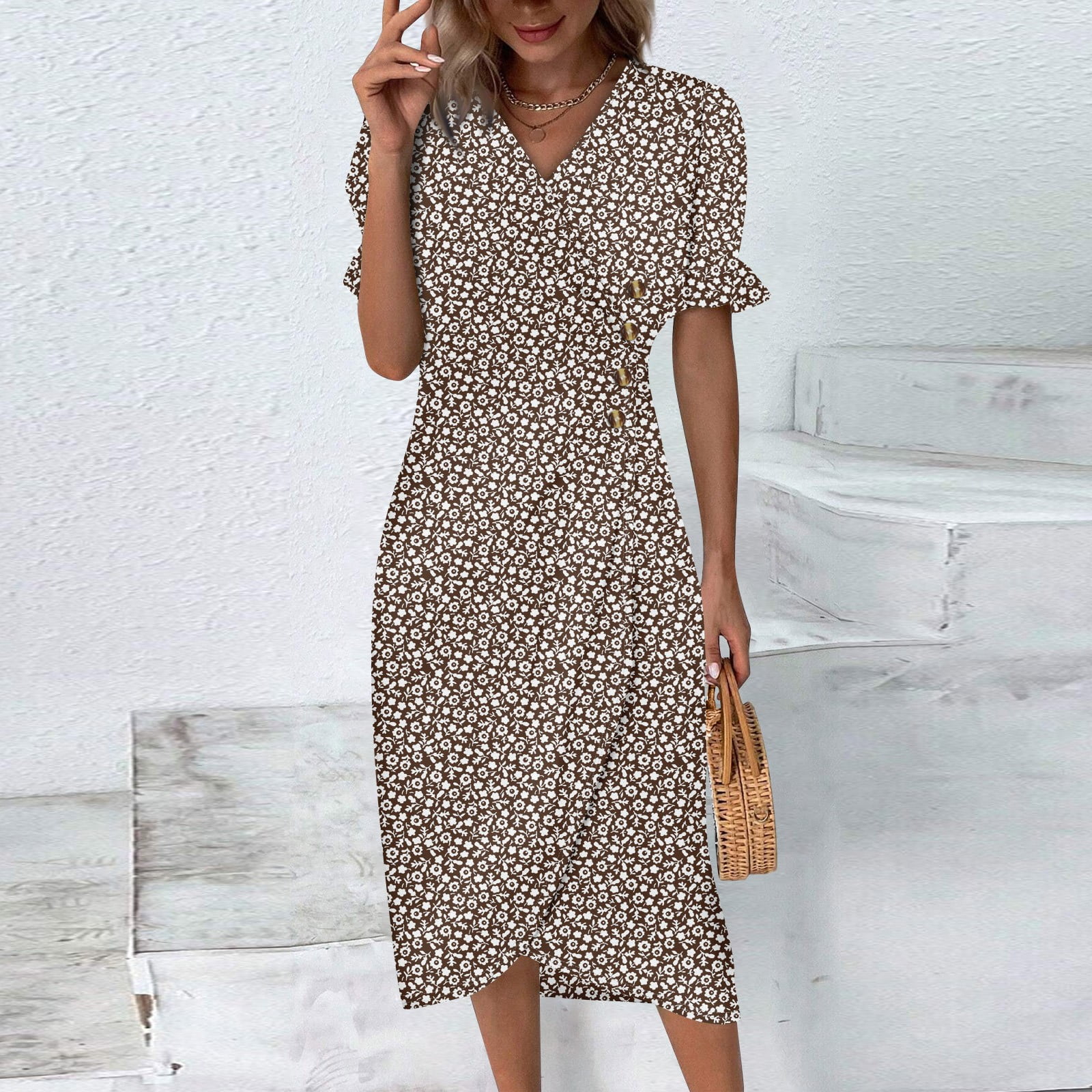 DENGDENG Dresses for Older Women Summer Trendy Floral Wrap V Neck Beach ...