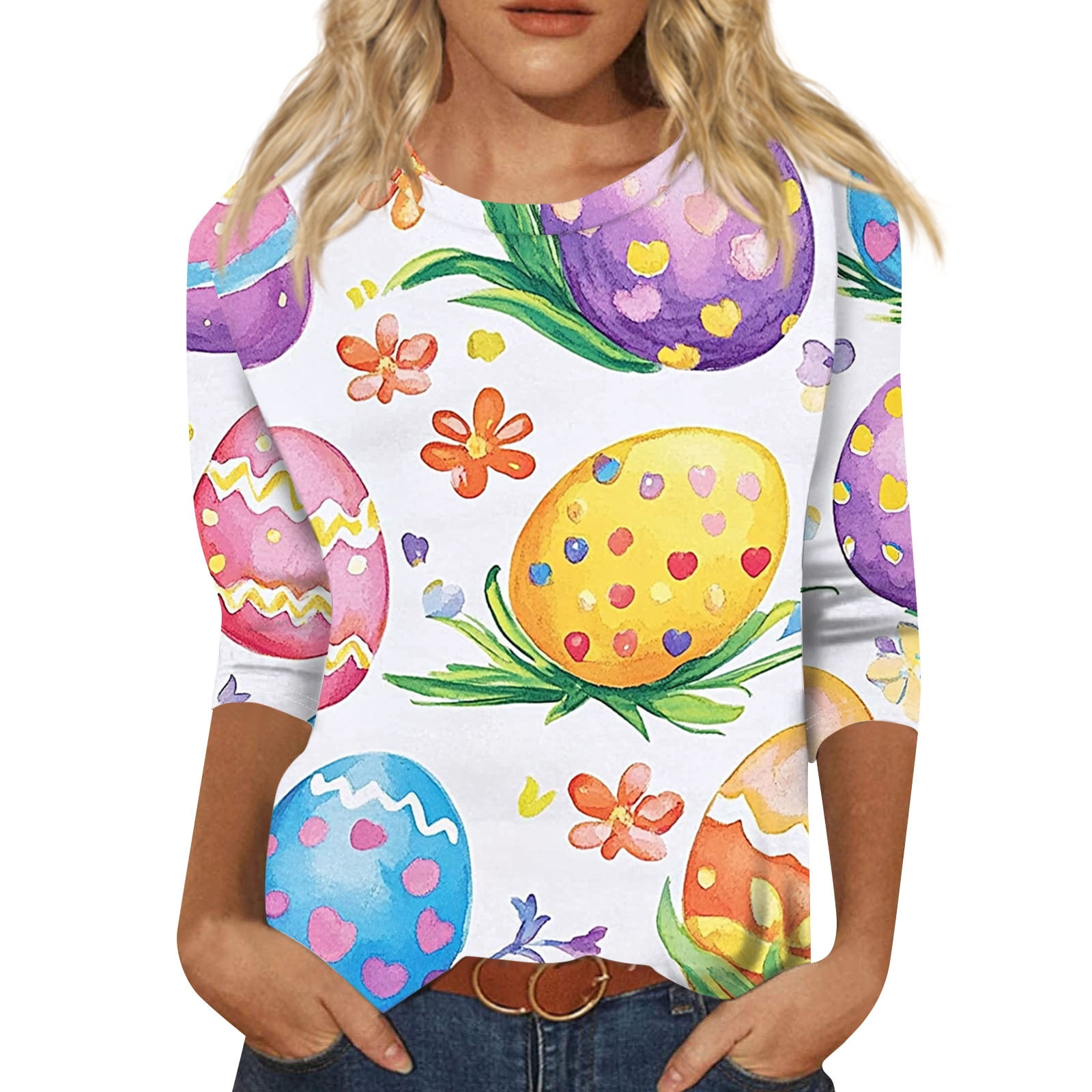 DENGDENG Easter 3/4 Sleeve Tops for Women Trendy Easter Eggs Elbow ...