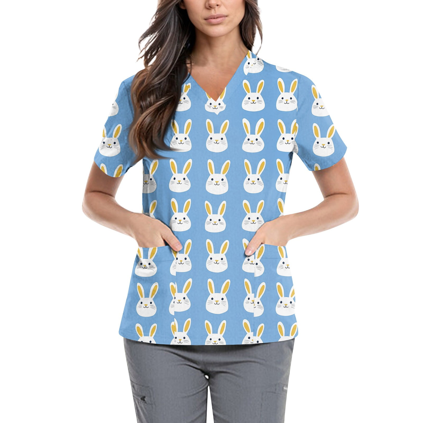 DENGDENG Easter Clearance Womens Scrub Tops Easter Eggs Short Sleeve ...