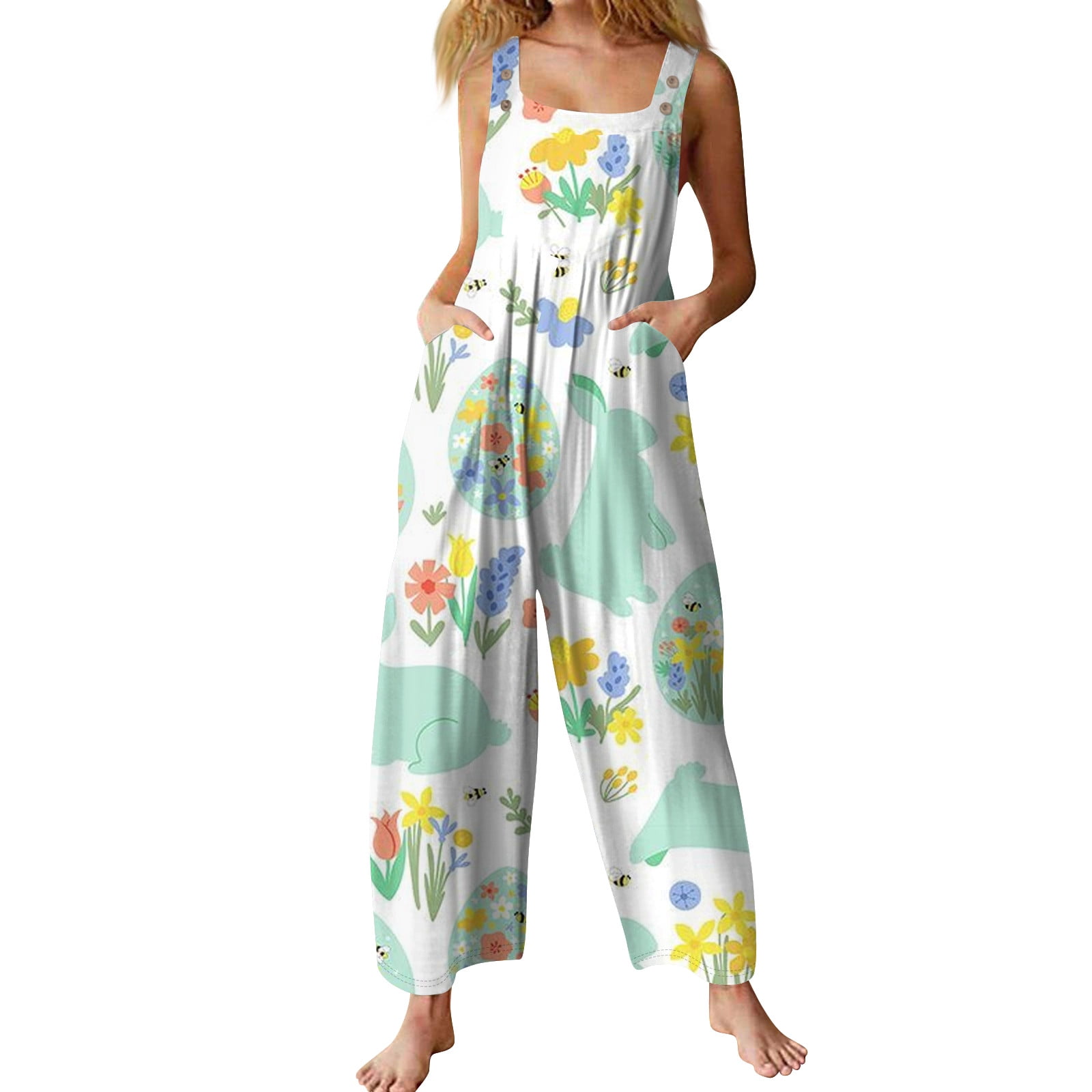 DENGDENG Easter Green Jumpsuit Women Bunny Sleeveless Wide Leg ...