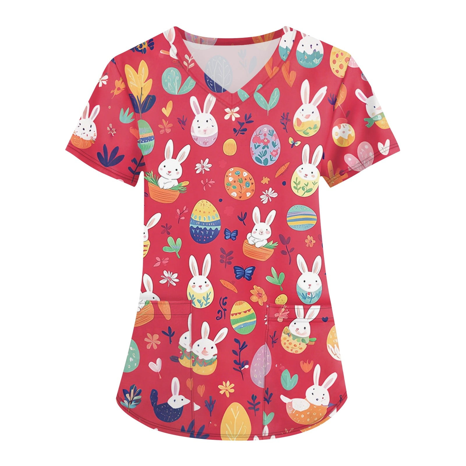 DENGDENG Easter Nurse Scrubs Uniform Womens Top Rabbit Short Sleeve ...