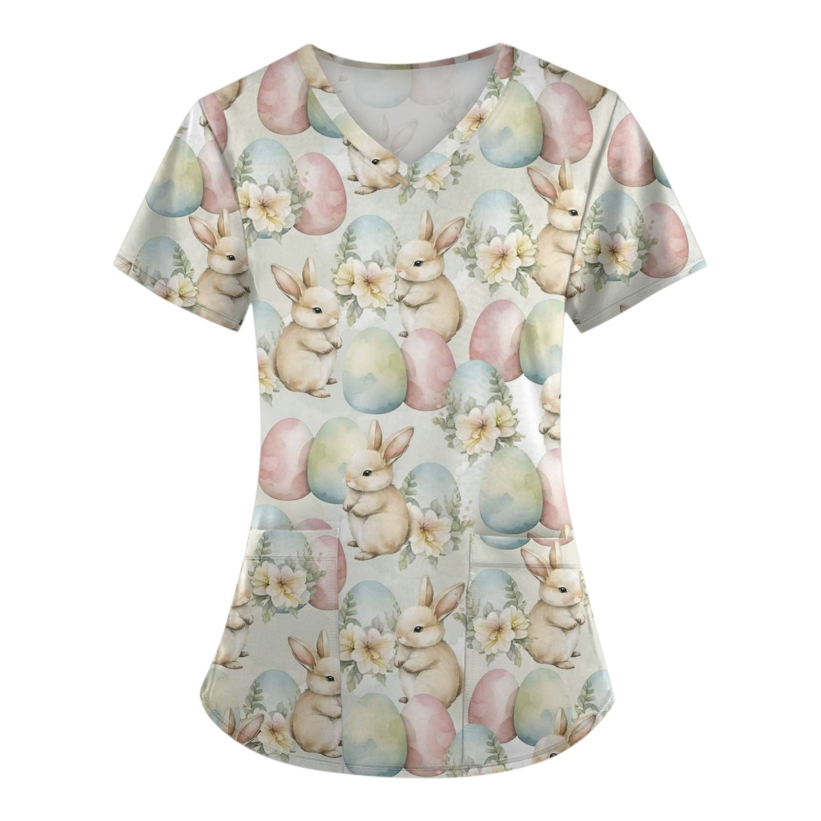DENGDENG Easter Plus Size Scrubs for Women Prints Bunny V Neck Working ...