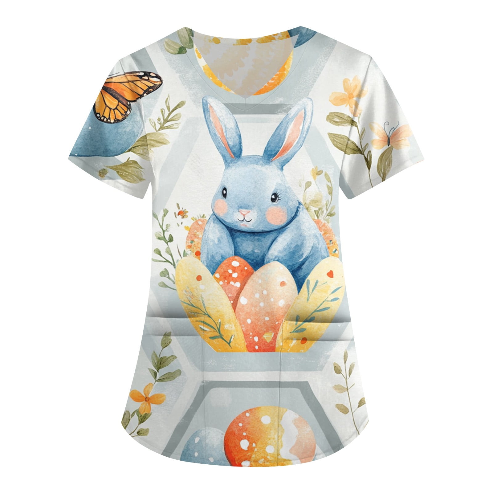 DENGDENG Easter Print Scrub Tops for Women Easter Eggs Short Sleeve Workwear Nurses Uniforms ...