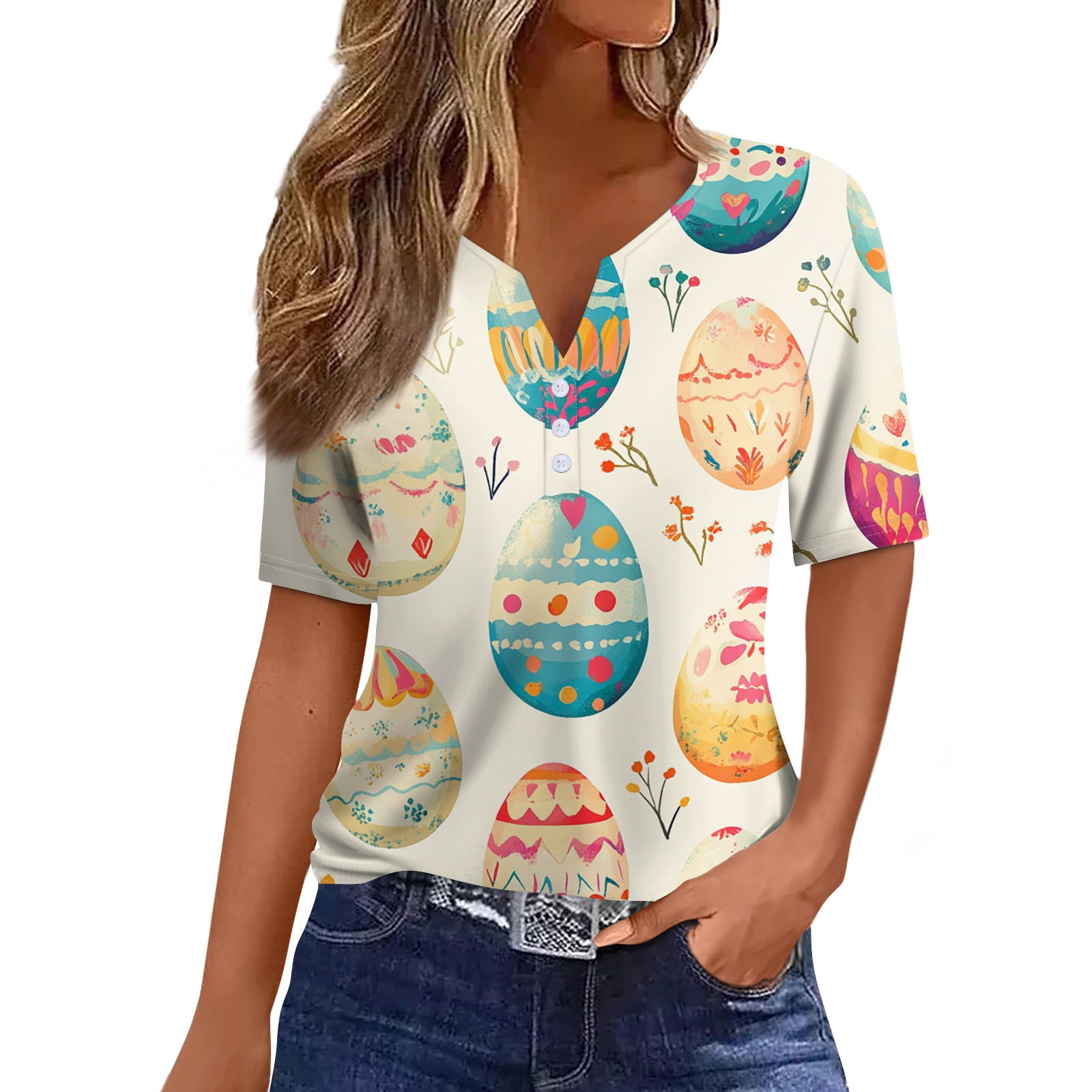 DENGDENG Easter Shirts for Women Dressy Easter Eggs Graphic Button Down ...