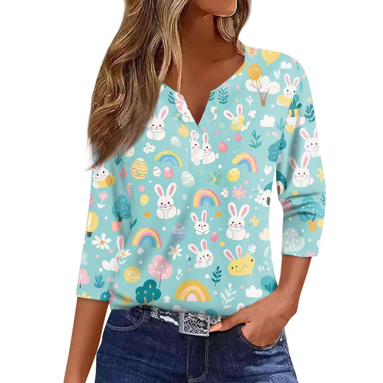 DENGDENG Easter Shirts for Women Gym Easter Eggs Printed Button Up Tops Workout Bunny Rabbit ...