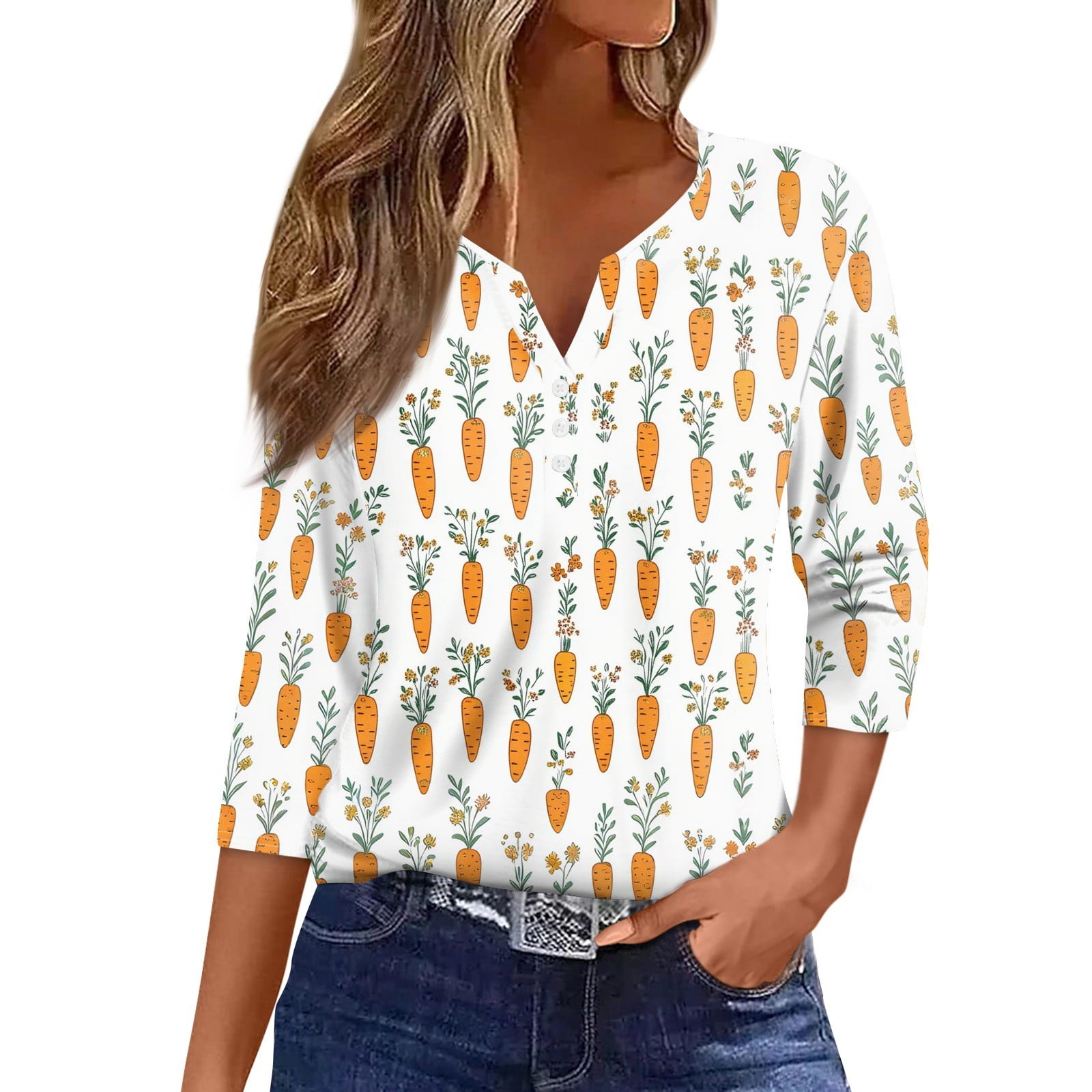 DENGDENG Easter Shirts for Women Gym Rabbit Graphic Henley V Neck Tops ...