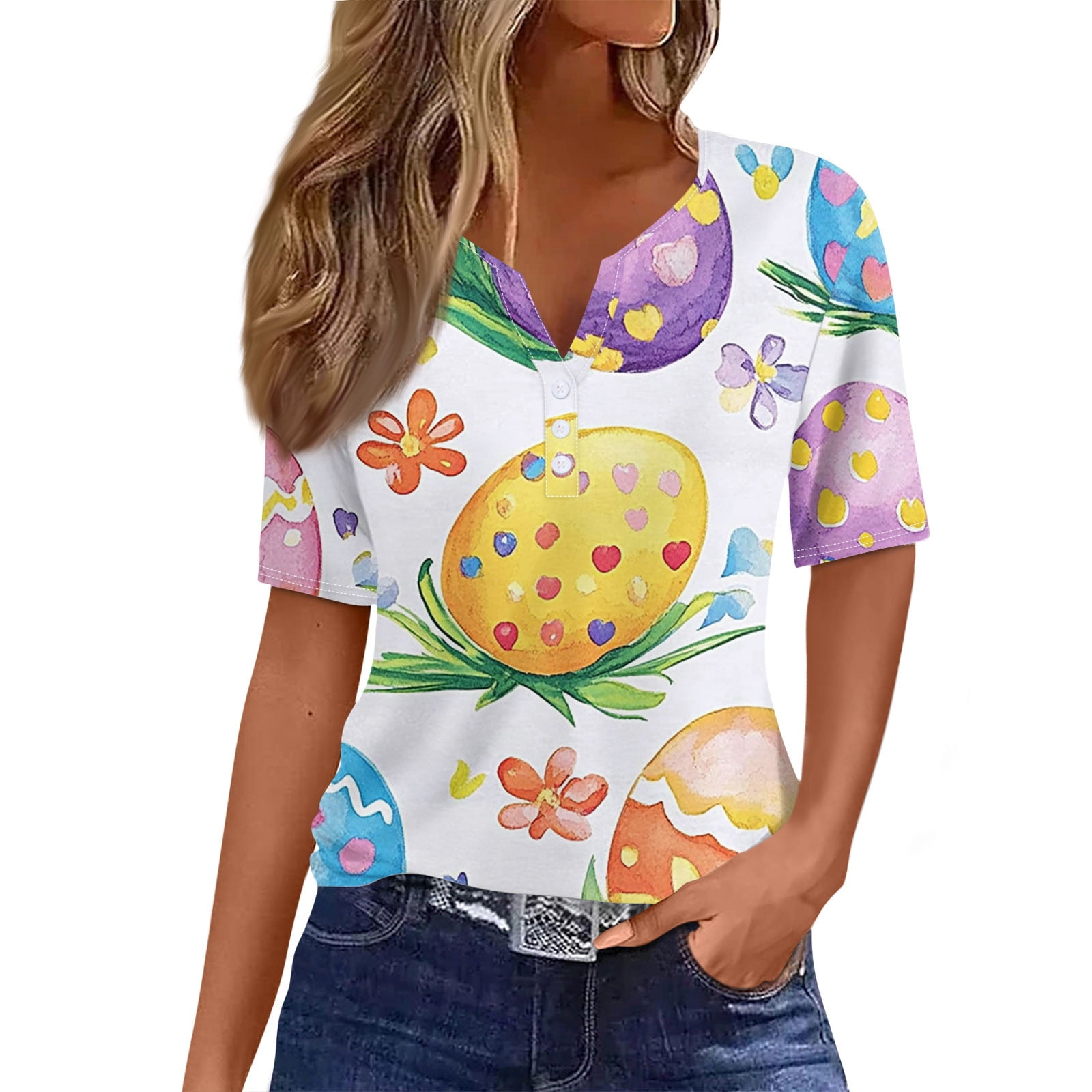 DENGDENG Easter Shirts for Women Holiday Bunny Graphic Henley Neck Tops ...