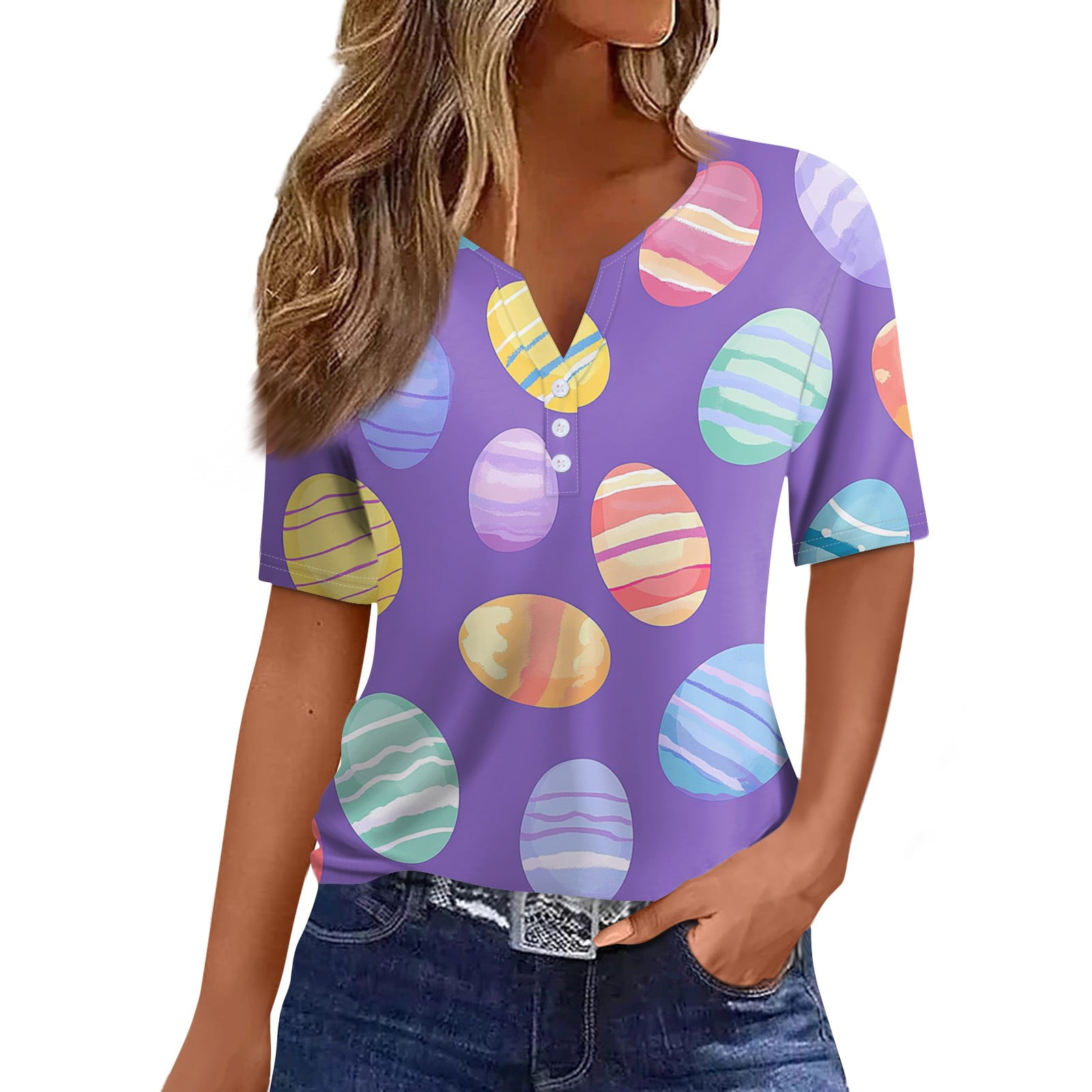 DENGDENG Easter Shirts for Women Plus Size Bunny Graphic V Neck Tops ...