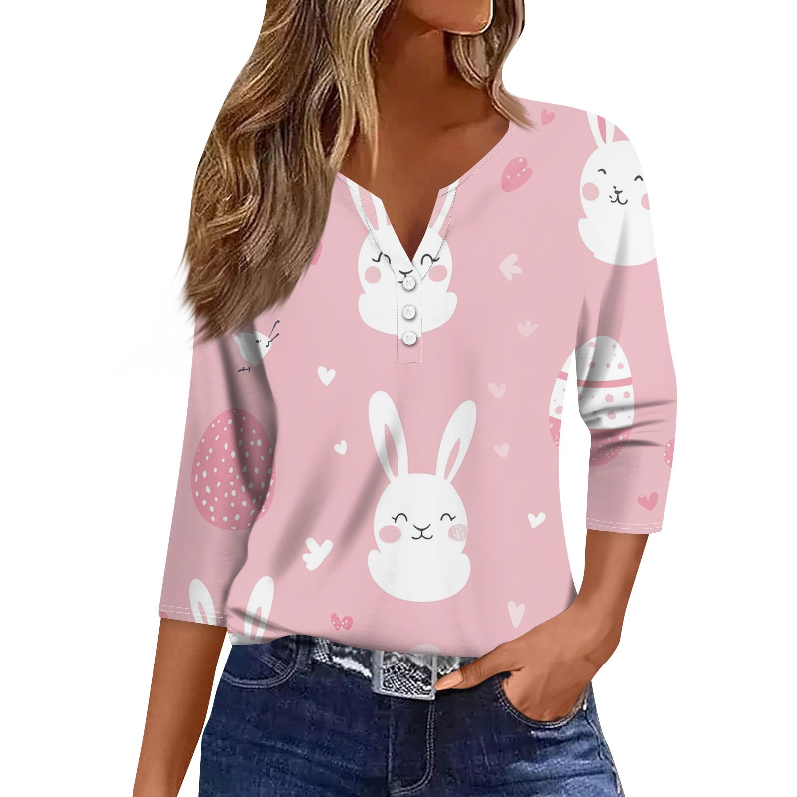 DENGDENG Easter Shirts for Women Vintage Easter Eggs Printed 3/4 Sleeve Tops Workout Bunny ...