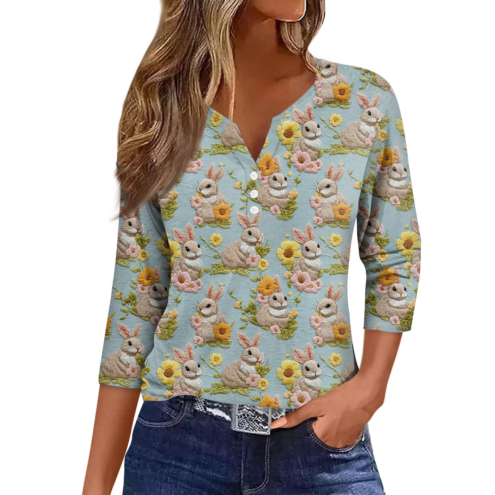 DENGDENG Easter Shirts for Women Vintage Rabbit Graphic Button Up Tops ...