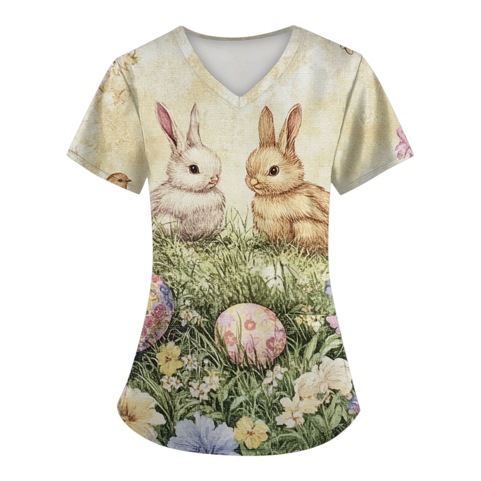 DENGDENG Easter Womens Pattern Scrub Tops Rabbit V Neck Workwear ...