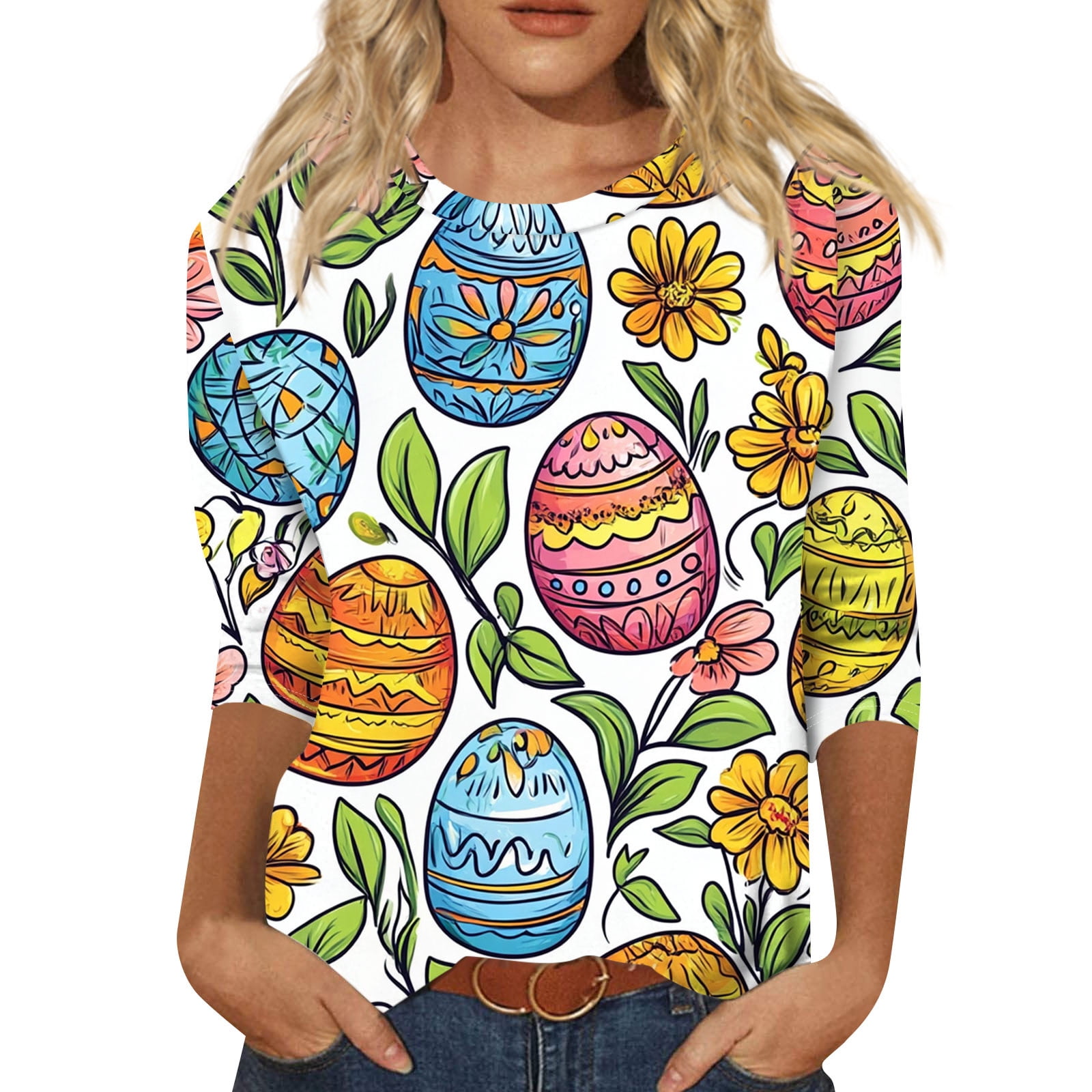 DENGDENG Easter Womens Petite Tops 3/4 Sleeve Easter Eggs Elbow Sleeve Shirts Clearance Rabbit ...