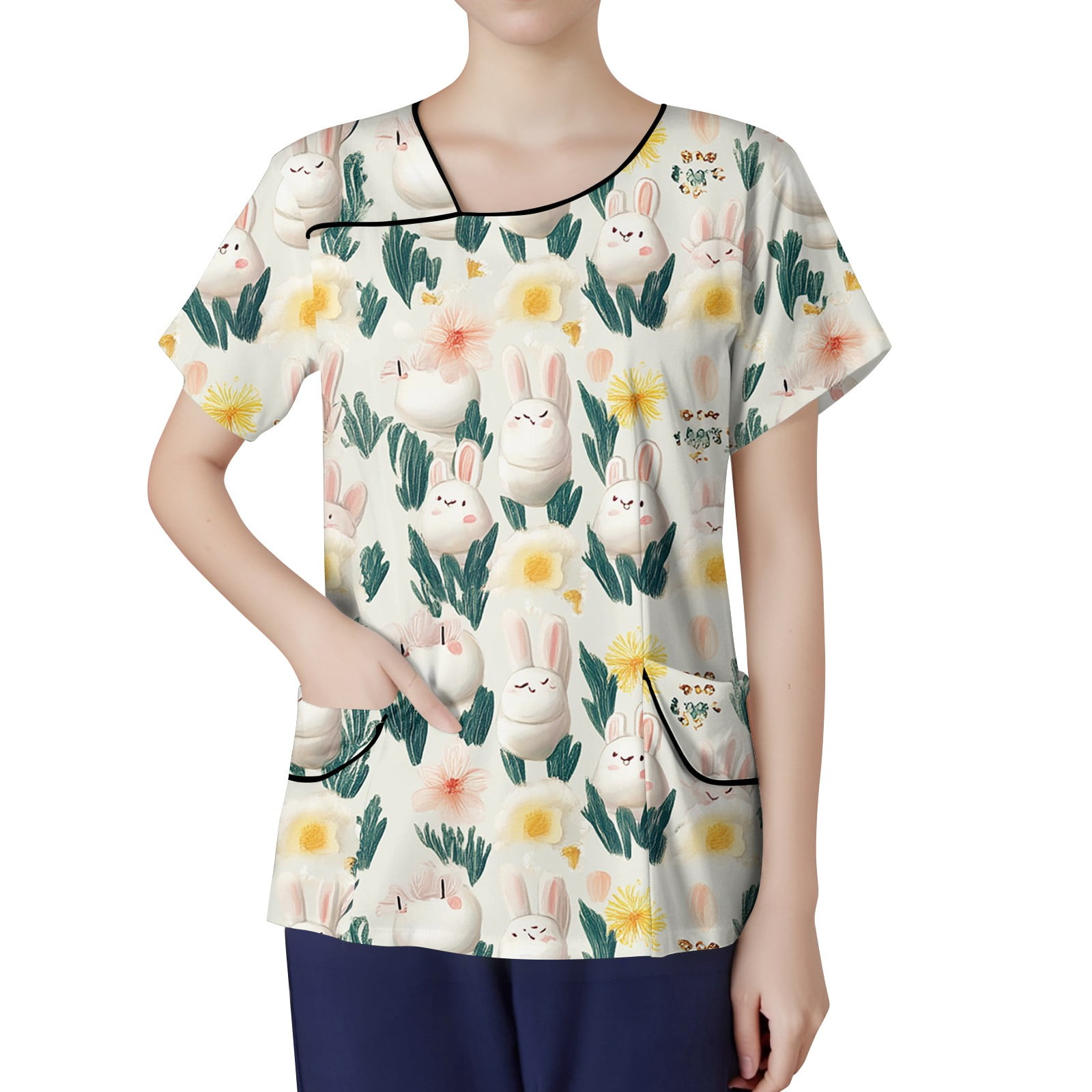 DENGDENG Easter Womens Scrubs Easter Eggs Bunny Printed Workwear ...