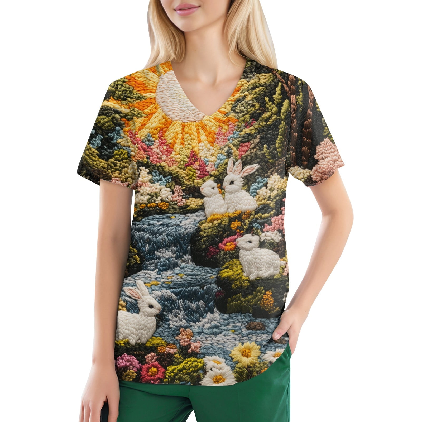 DENGDENG Easter Womens Scrubs Plus Size Rabbit V Neck Nursing Working ...