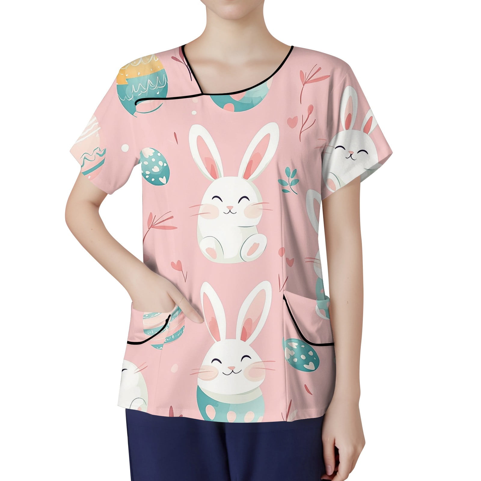 DENGDENG Easter Womens Scrubs Rabbit Short Sleeve Work Nursing Uniforms ...